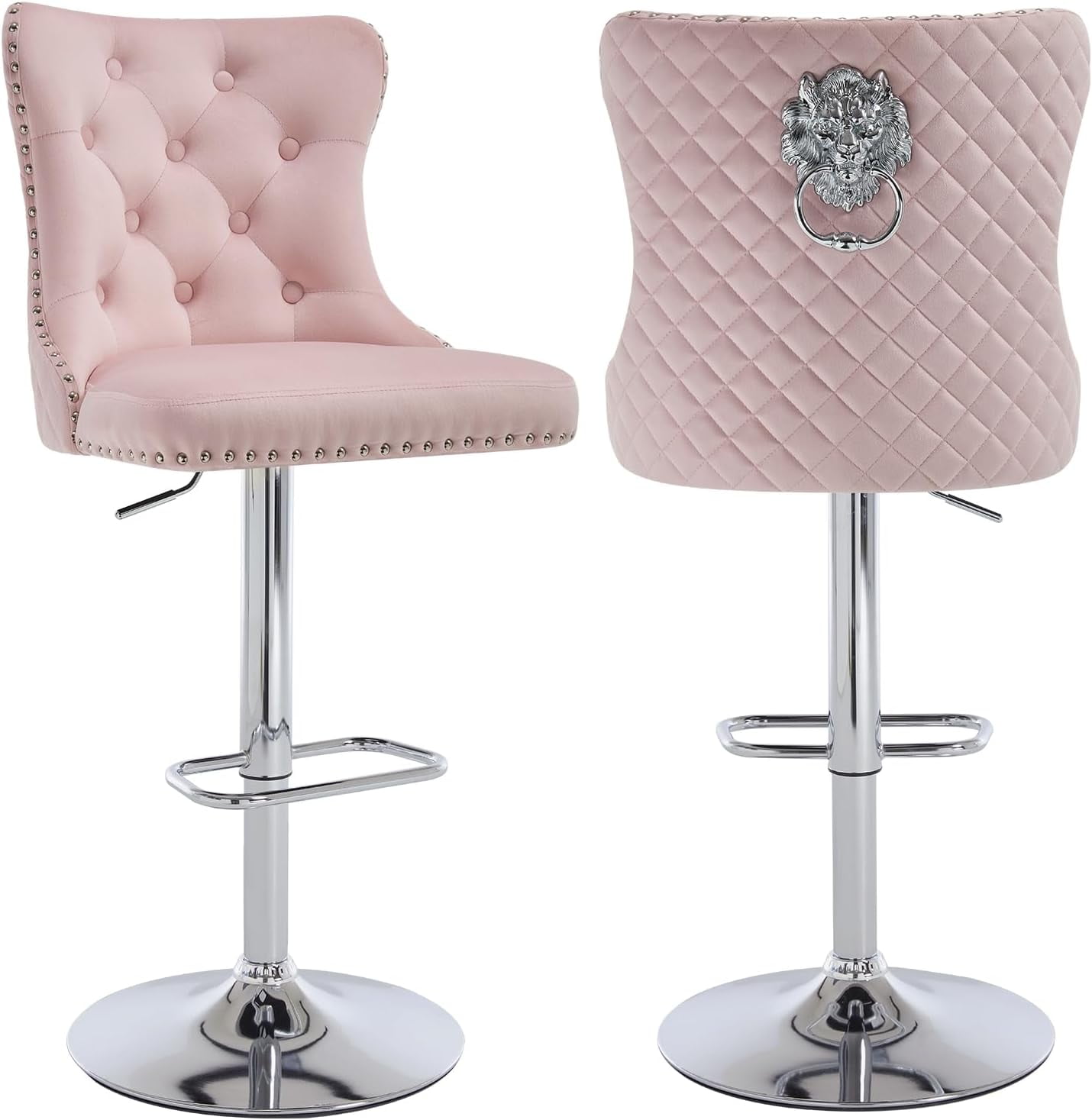 Swivel Bar Stools Set of 2, Velvet Adjustable Barstools with Tufted Back, Nailheads Trim and ...