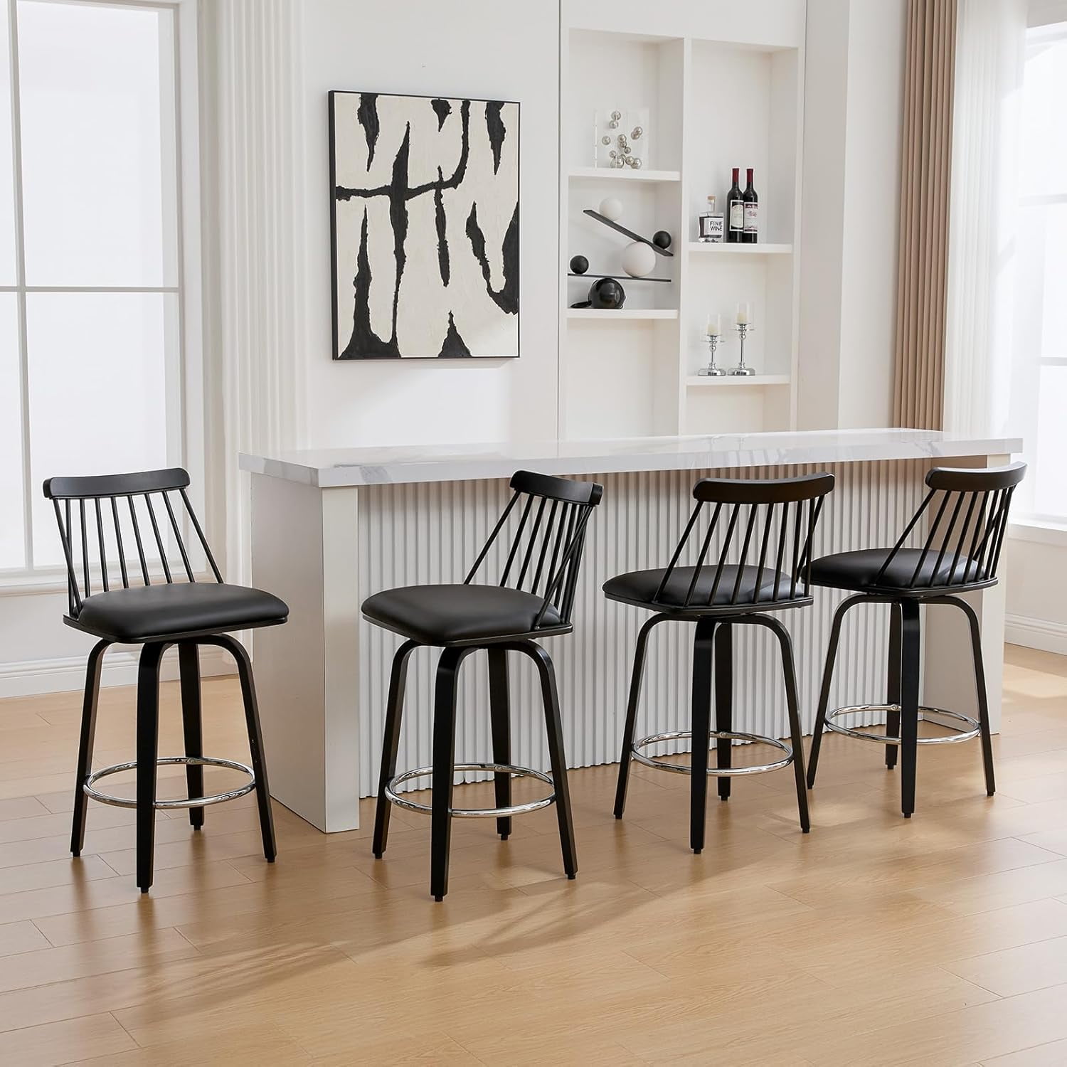Swivel Bar Stools Set of 4, Faux Leather Counter Stool with Spindle ...