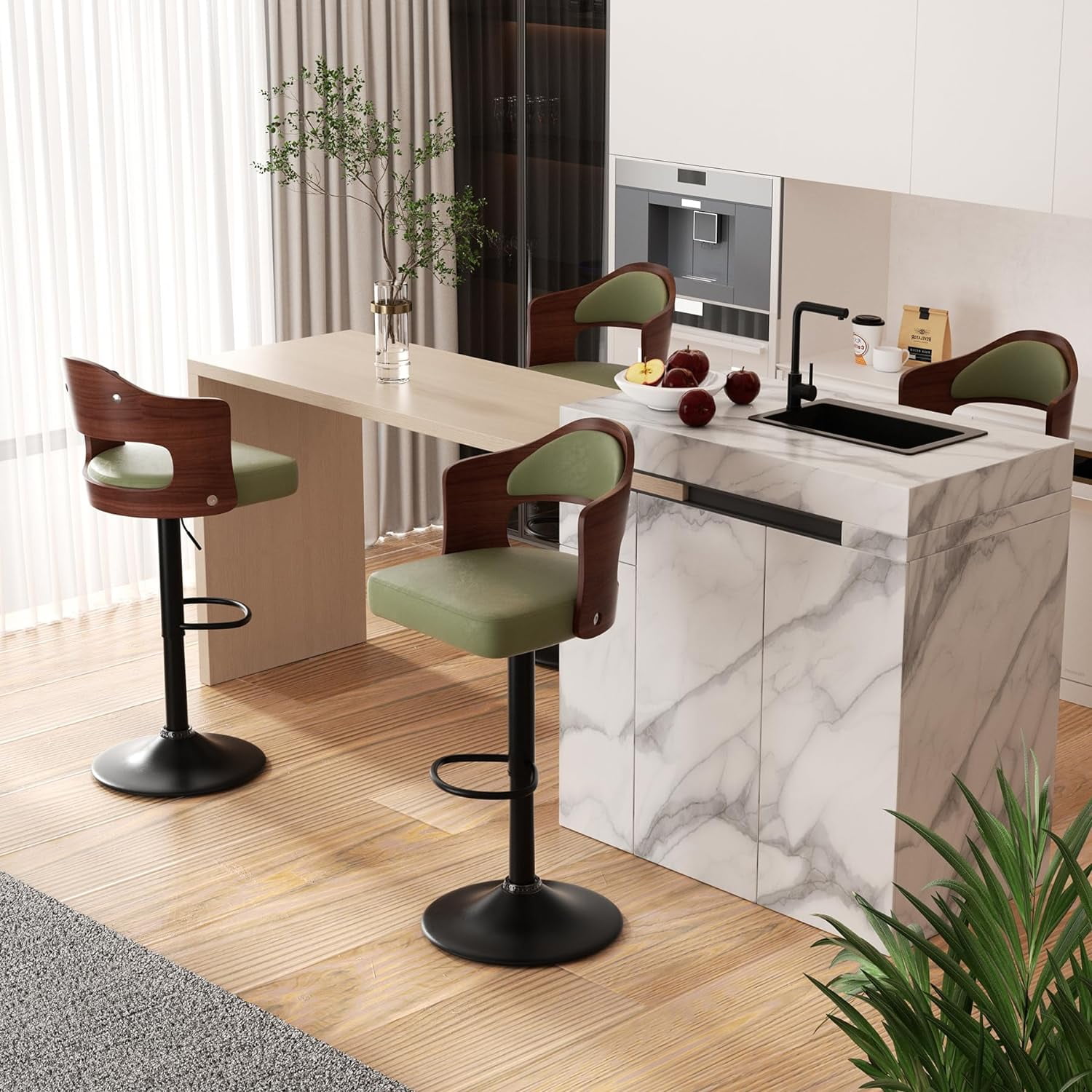 Swivel Bar Stools Set of 4 Seat Adjustable Height 24.5-33.5IN, Wooden ...