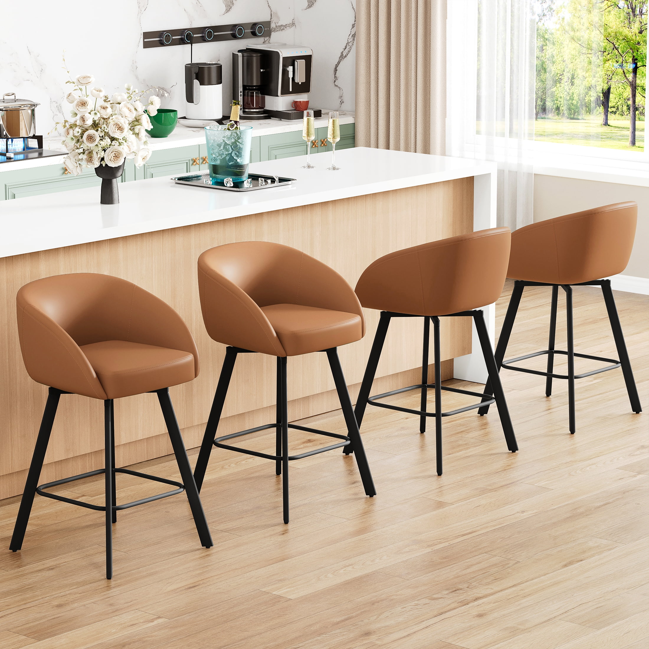 FIRAVOE, Swivel Bar Stools, Camel Brown, Set of 4, 26" Counter Height ...