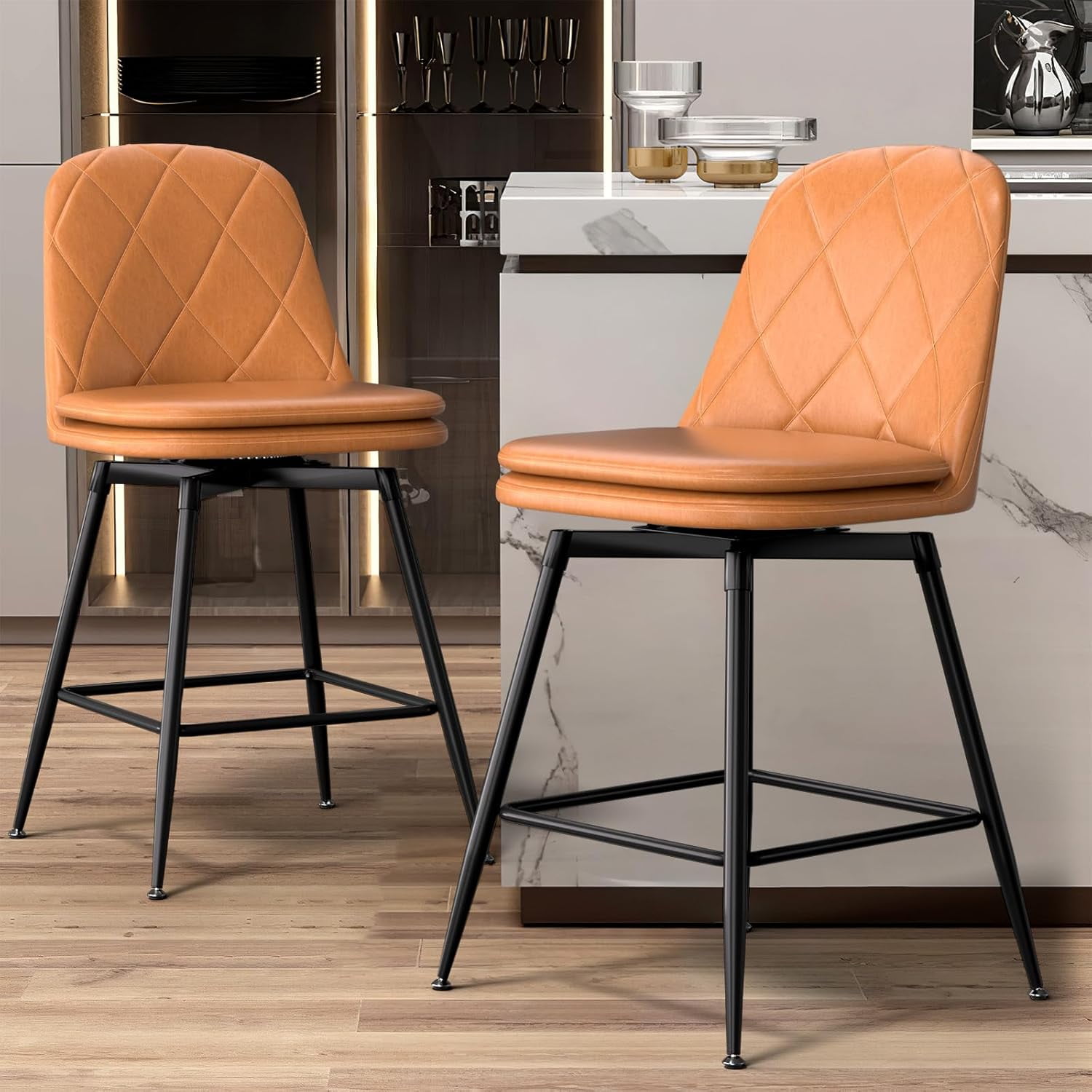 Swivel Bar Stools with Backs | Thick Dual-Layer Upholstered Faux ...