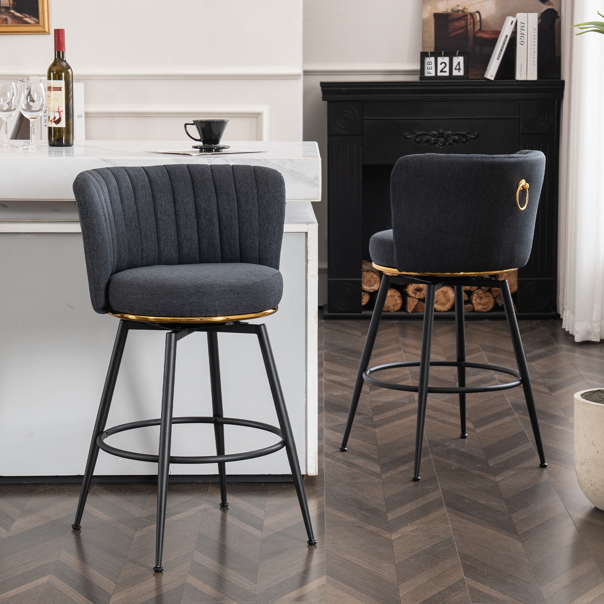 Swivel Bar Stools with High-Back Support Beige Upholstery Adjustable ...