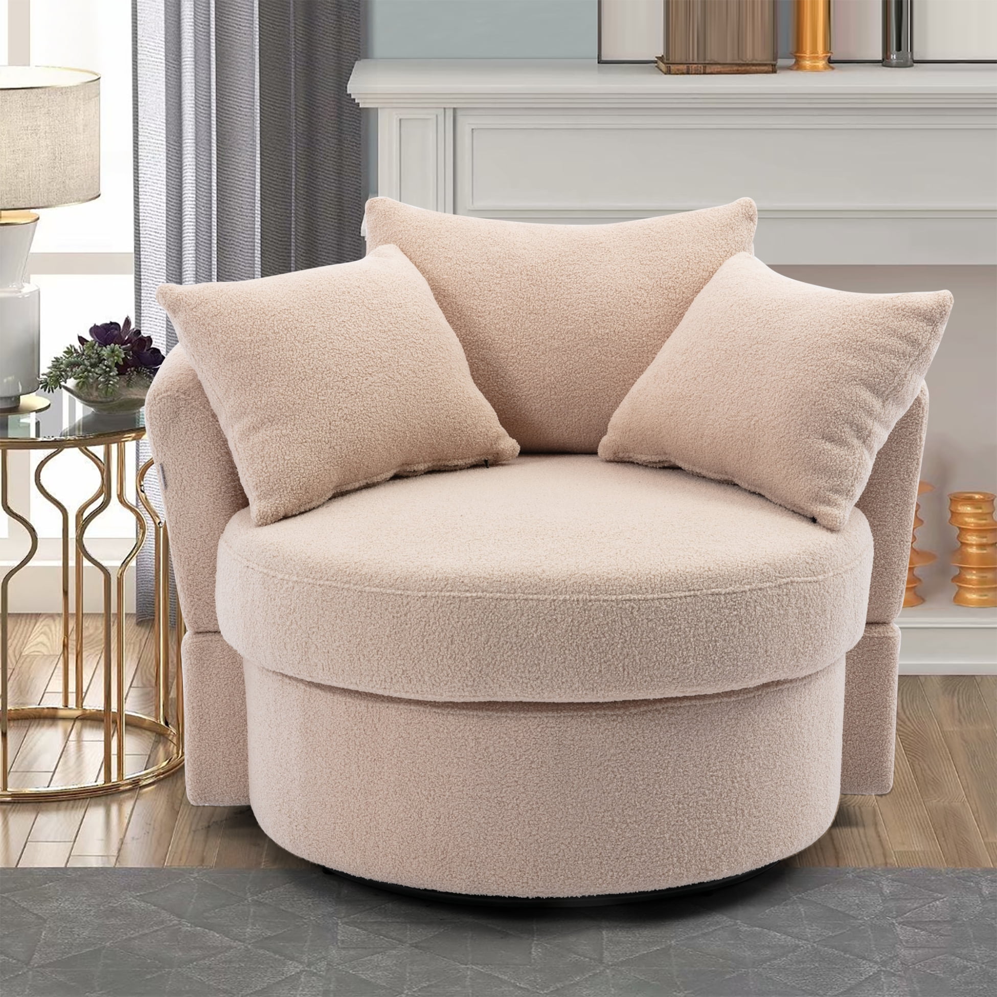 Swivel Barrel Accent Chair with 3 Pillows and Thick Cushions, Teddy ...