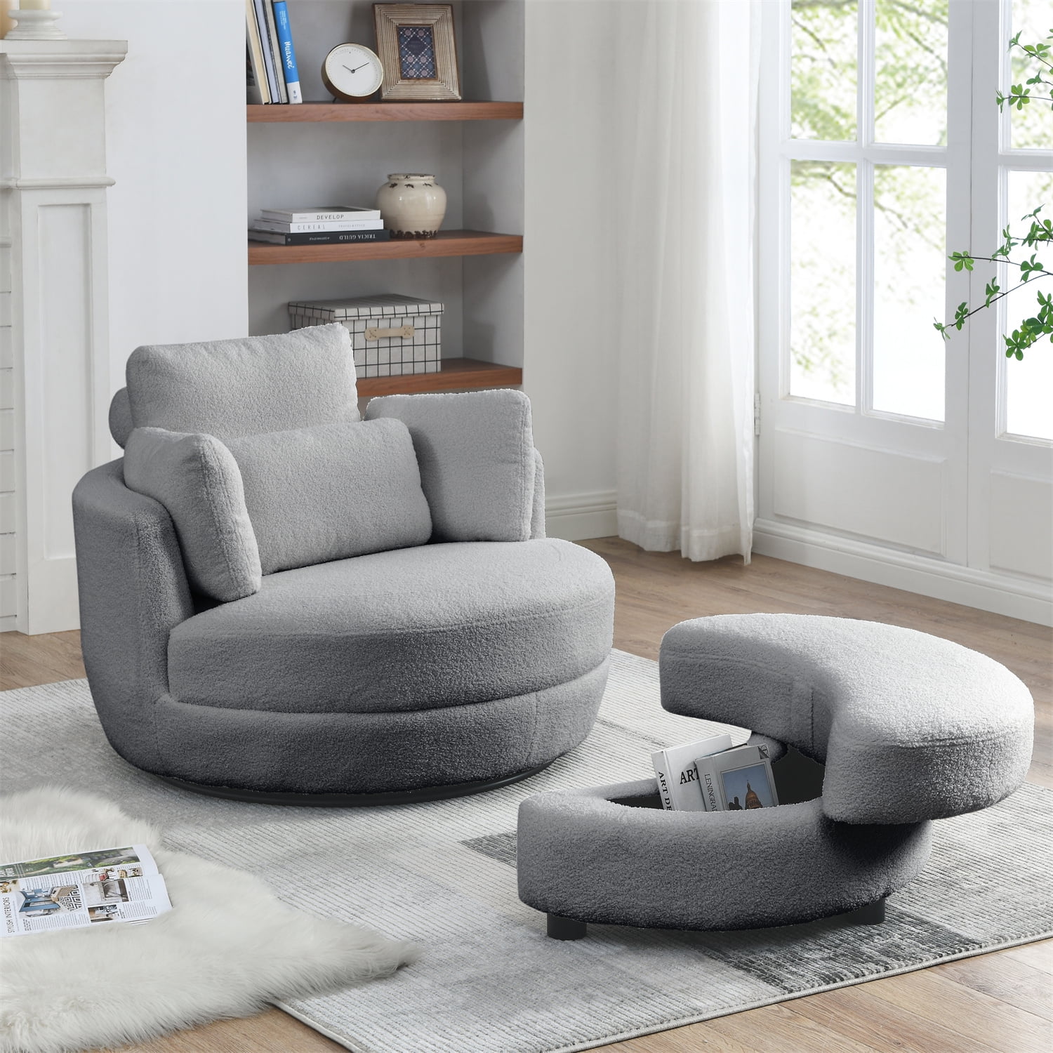 Grey Swivel Barrel Chair with Ottoman and 4 Pillows, Upholstered Teddy ...