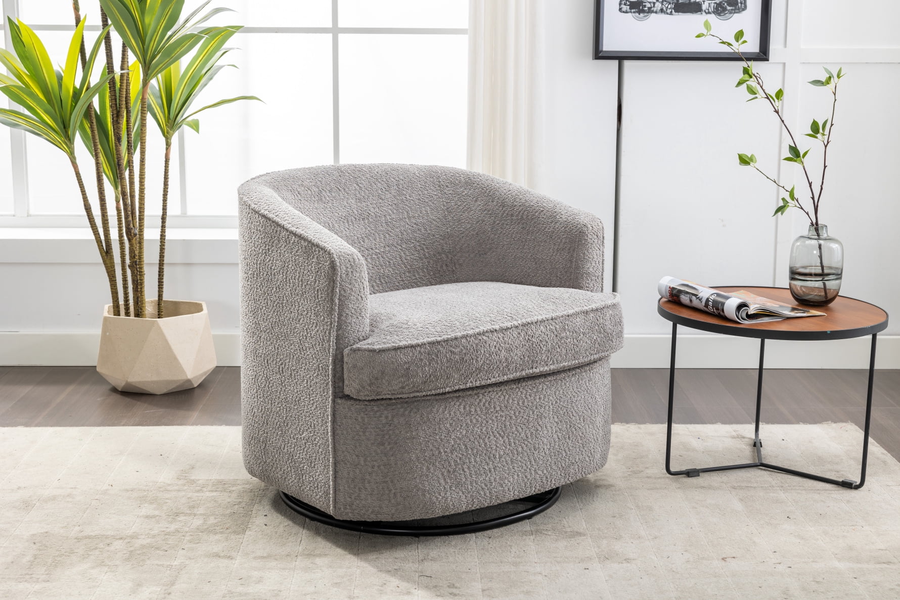 Swivel Barrel Chair, Comfy Round Boucle Accent Sofa Chair with Wooden ...