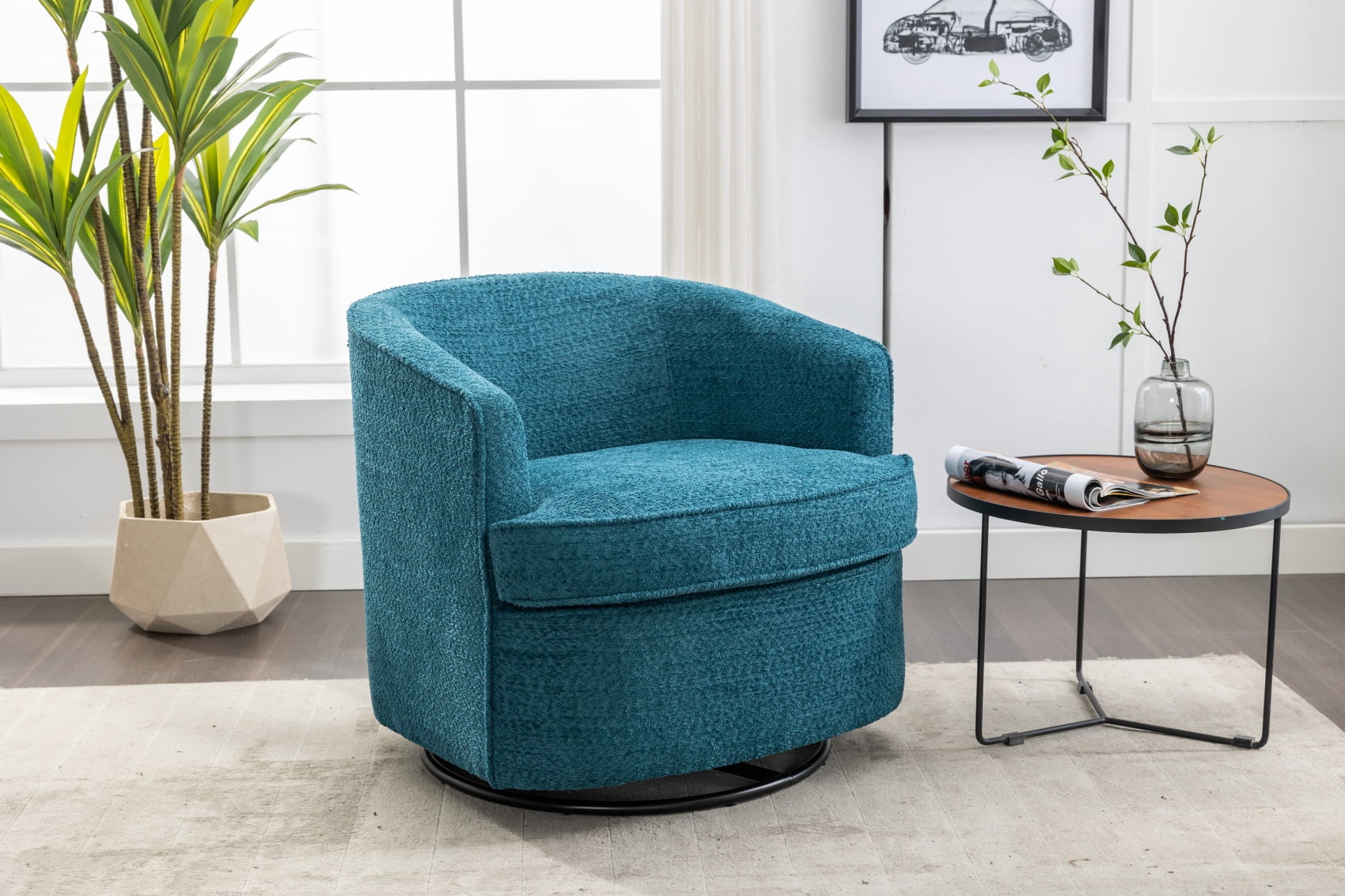 Swivel Barrel Chair, Comfy Round Boucle Accent Sofa Chair with Wooden ...