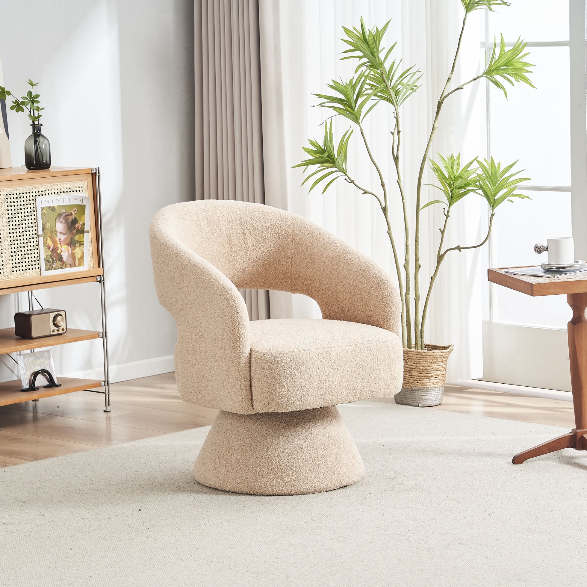 Swivel Barrel Chair, Modern Round Teddy Fabric Accent Chair with Curved ...