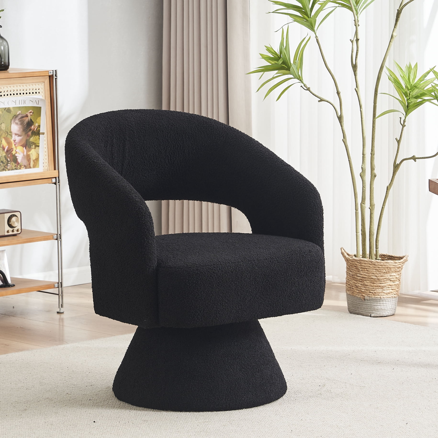 Swivel Barrel Chair, Modern Round Teddy Fabric Accent Chair with Curved ...