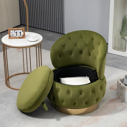 Swivel Barrel Chair with Storage, Upholstered Velvet Round Swivel ...