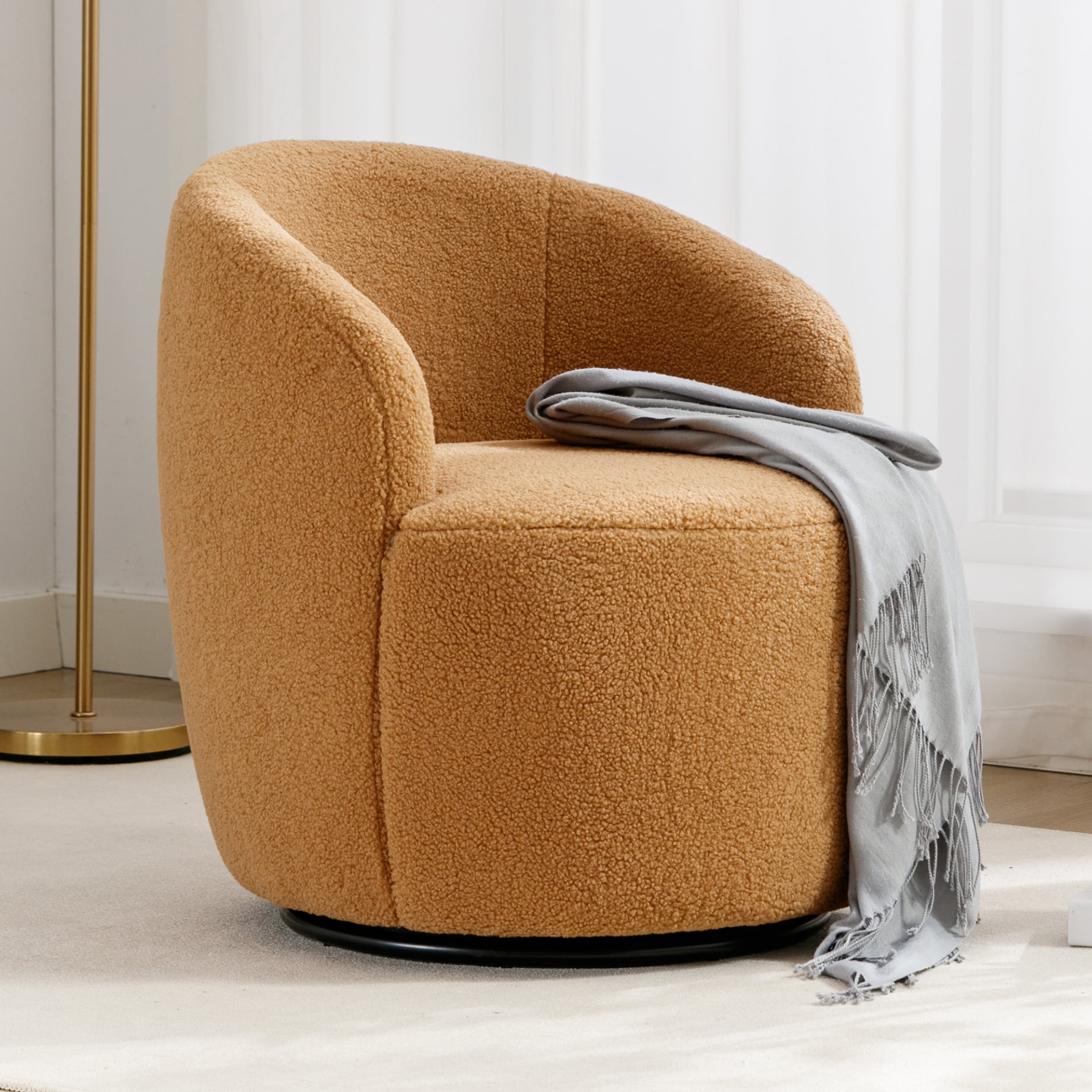 Swivel Barrel Chair, Teddy Fabric Upholstered Modern Round Accent Arm ...