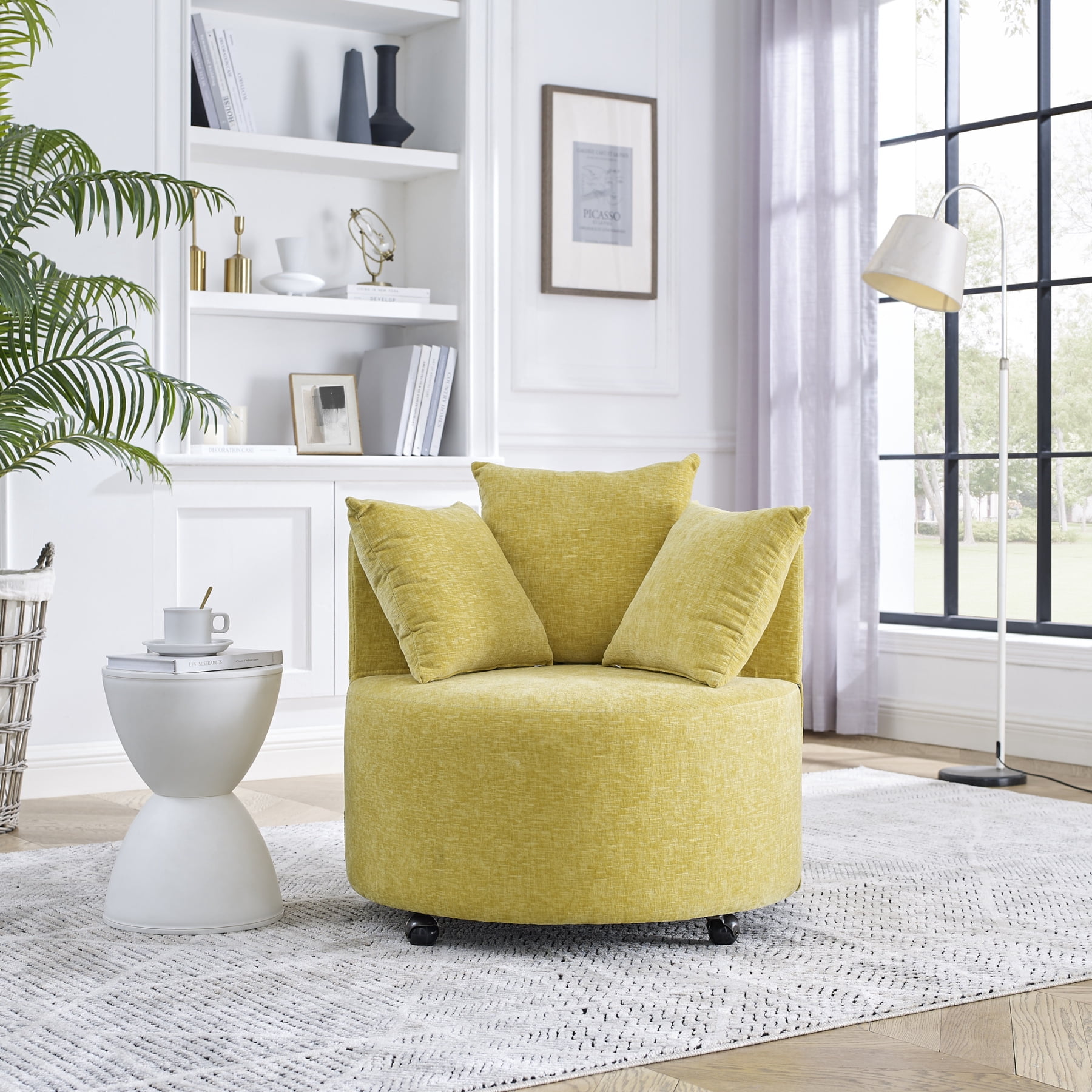 Swivel Barrel Chair with Universal Wheels and 3 Pillows, Loop Yarn ...