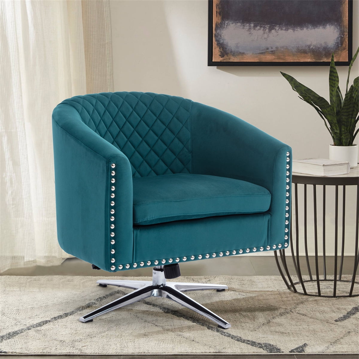 Triple Tree Velvet Swivel Barrel Accent Chair with Nailheads, Blue ...