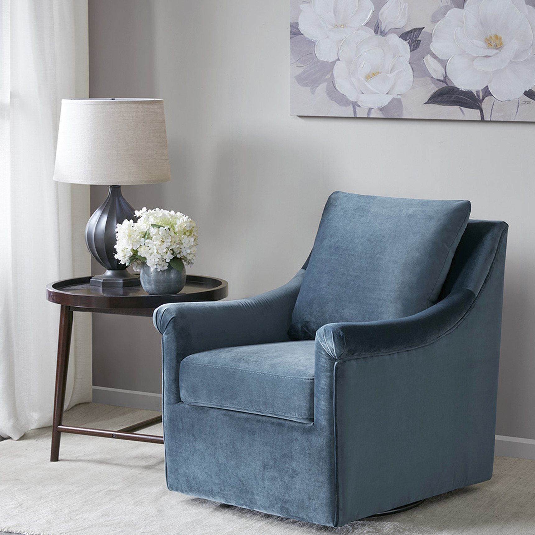 Swivel Chair / Blue Upholstered, 360-Degree Swivel, Solid Wood Frame ...