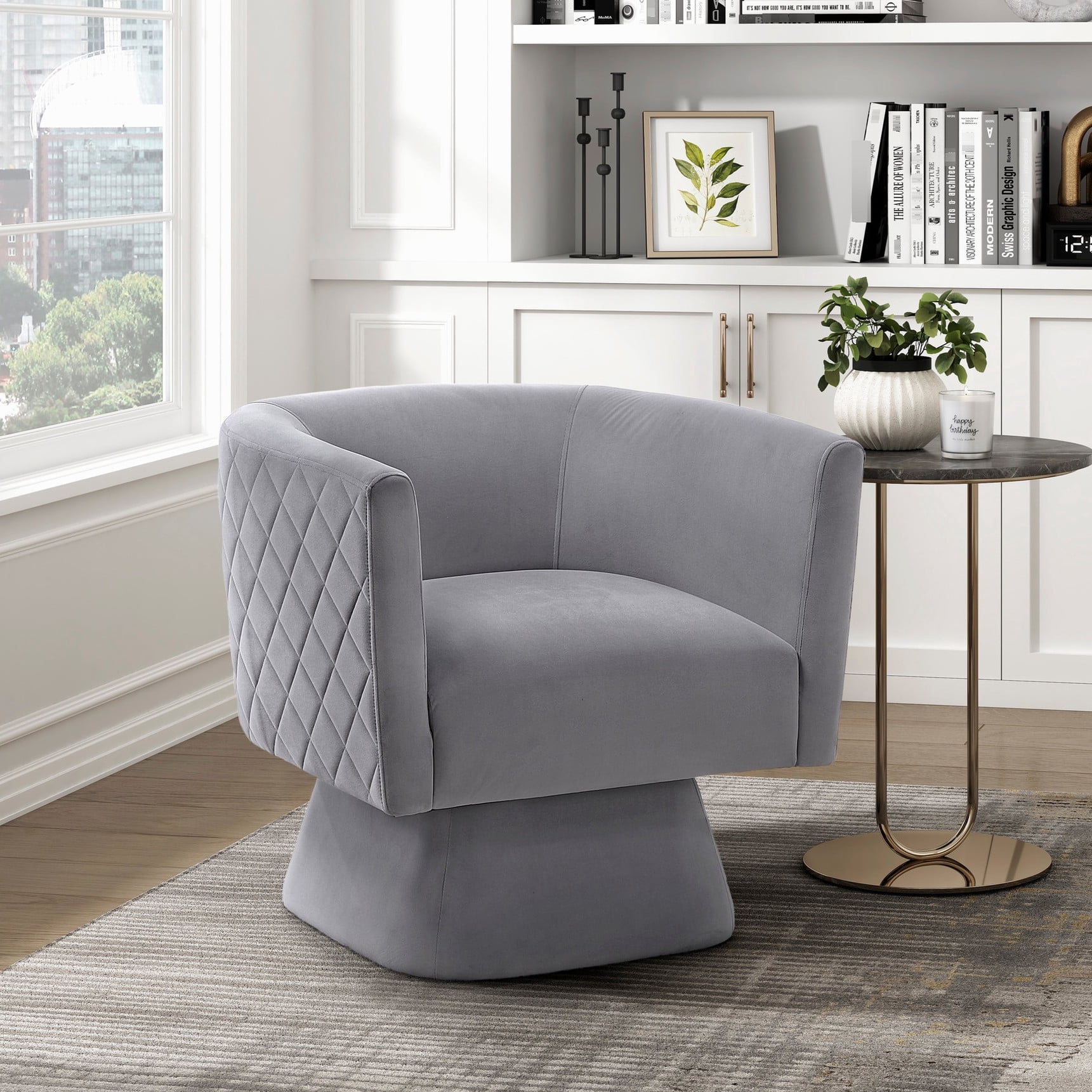 Swivel Chair / Gray Velvet Fabric, Solid Wood Frame, 360-Degree Swivel ...