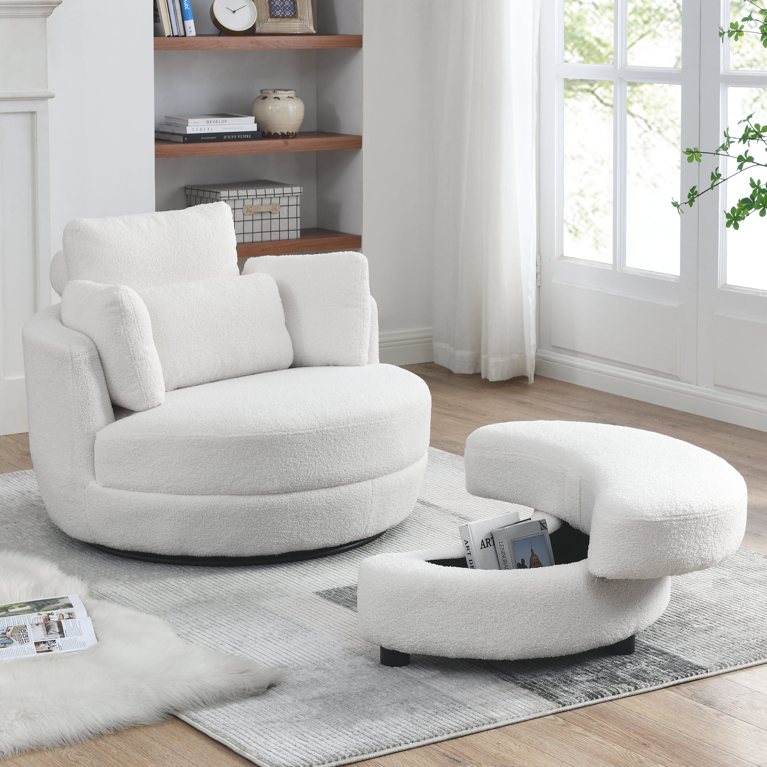 Swivel Chair with Half Moon Shaped Storage Ottoman, Modern Teddy Fabric ...