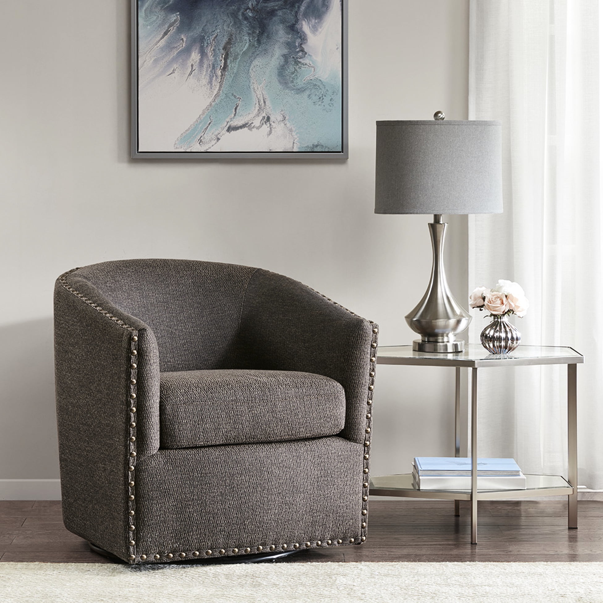 Swivel Chair: Solid Wood Construction, High Foam, Chocolate Fabric ...