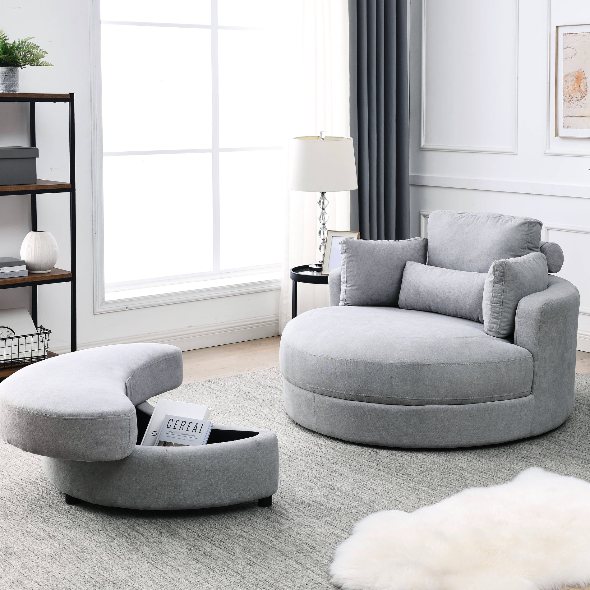 Swivel Chair With And Grey Fabric For Living Area Spacious Storage Soft ...