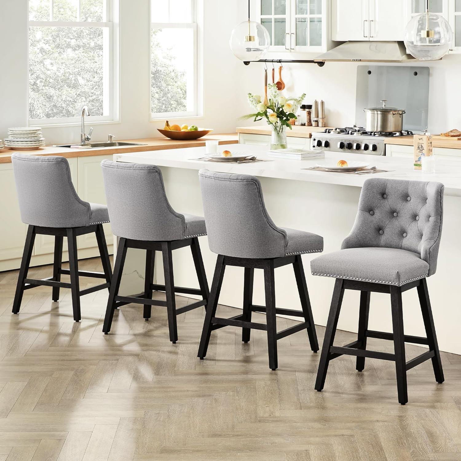 Swivel Counter Height Bar Stools with Back, 26” Upholstered Barstools ...