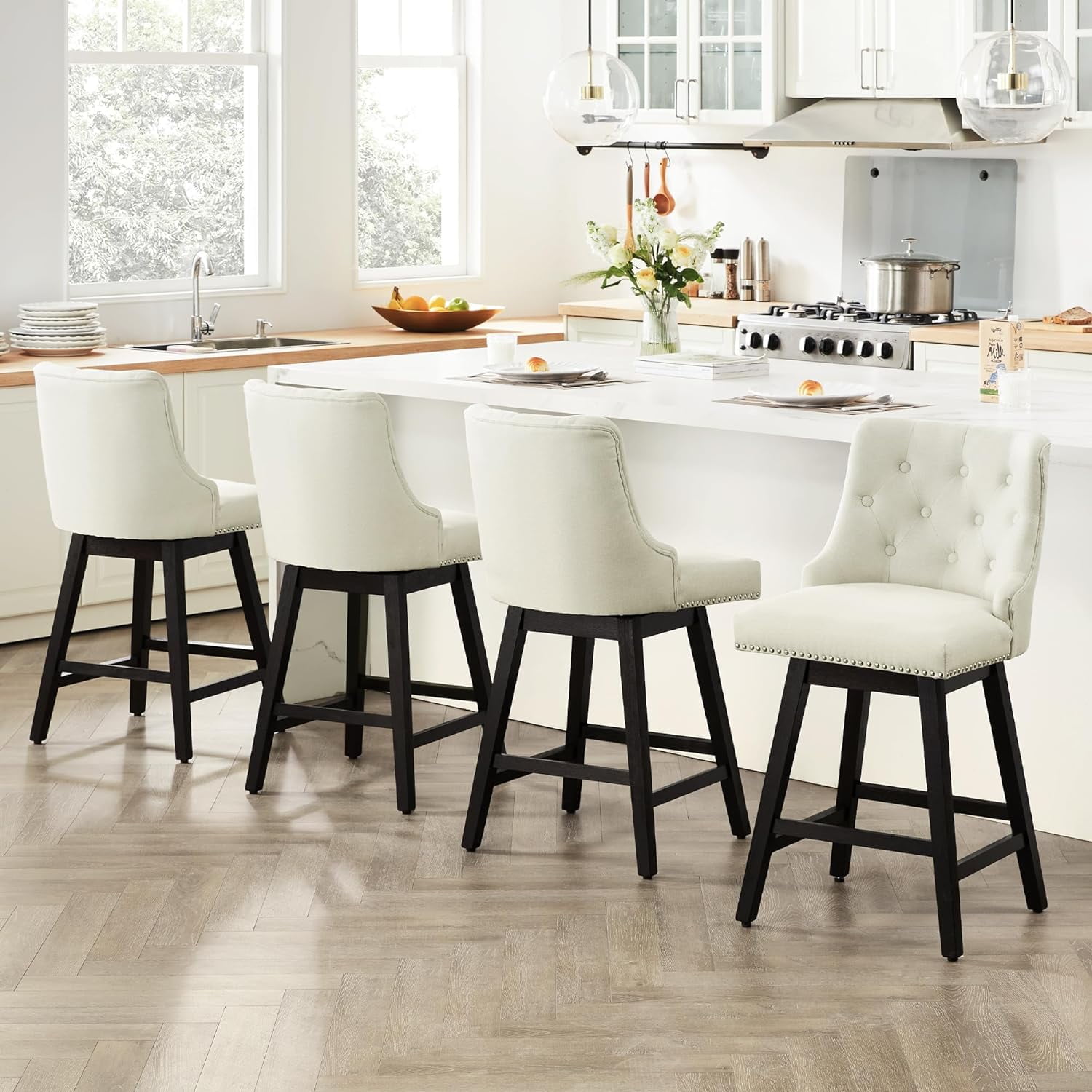 Swivel Counter Height Bar Stools with Back, 26” Upholstered Barstools ...