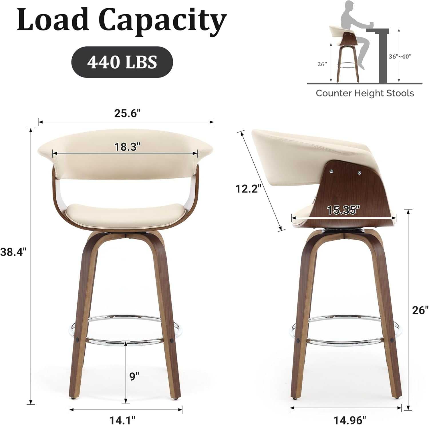 Swivel Counter Height Bar Stools with Back Set of 3, 26" Faux Leather ...