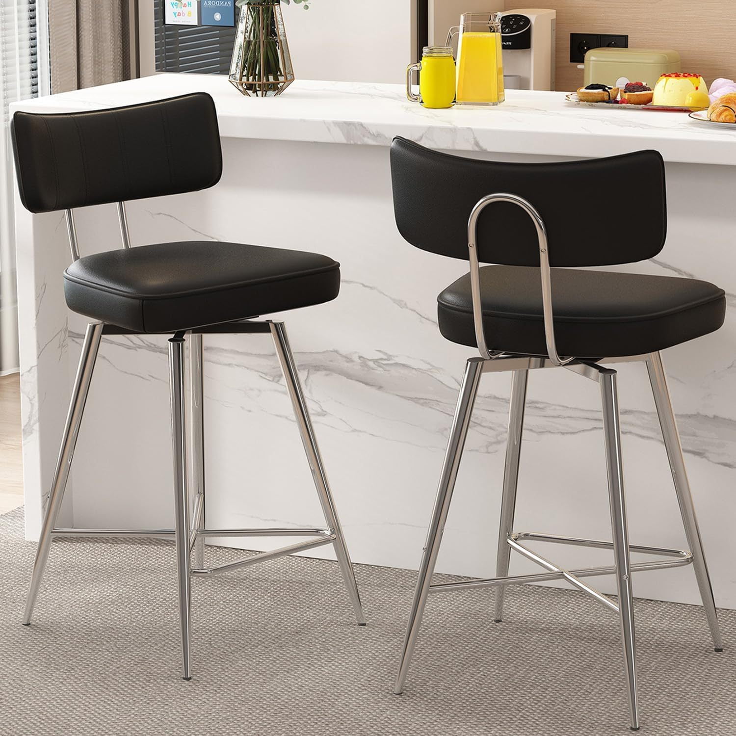 Swivel Counter Height Bar Stools Set of 2, 26 inch Black Leather ...