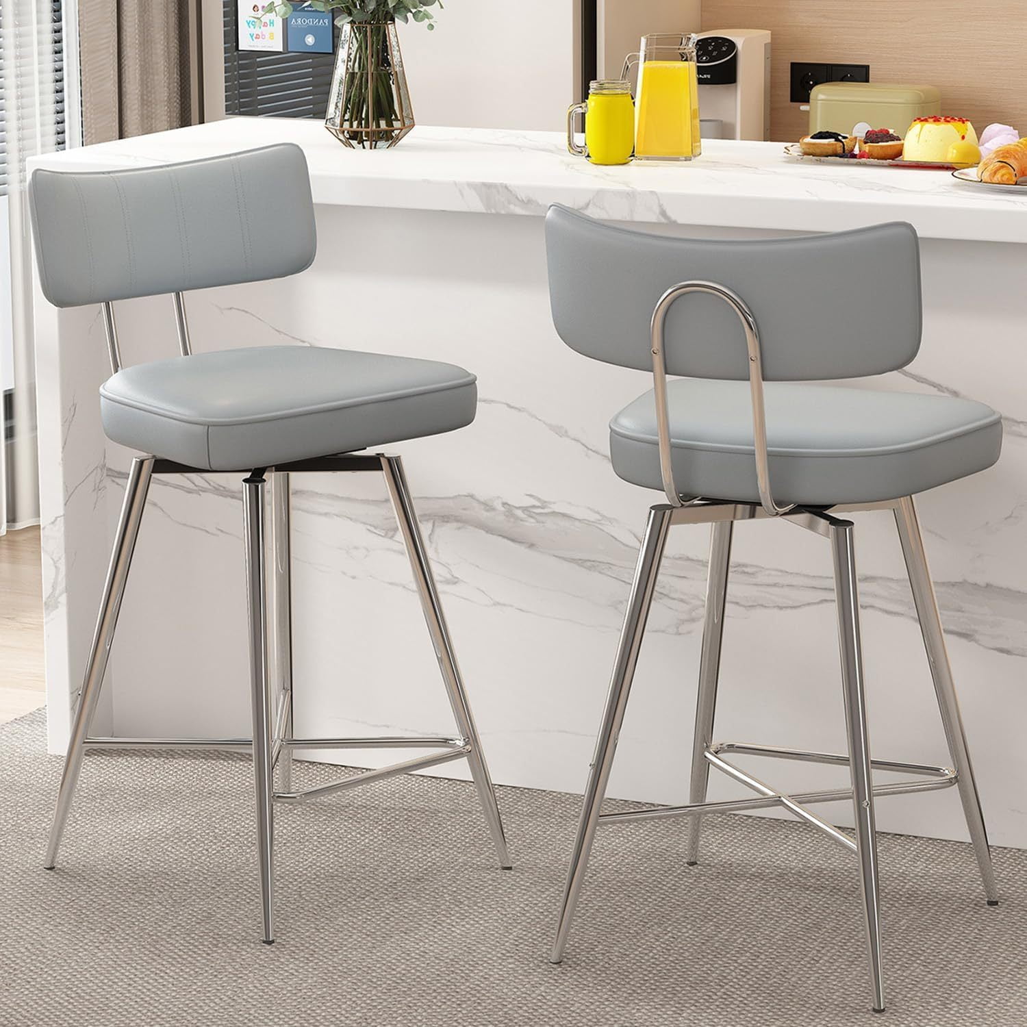 Swivel Counter Height Bar Stools Set of 2, 26 inch Gray Leather Kitchen ...