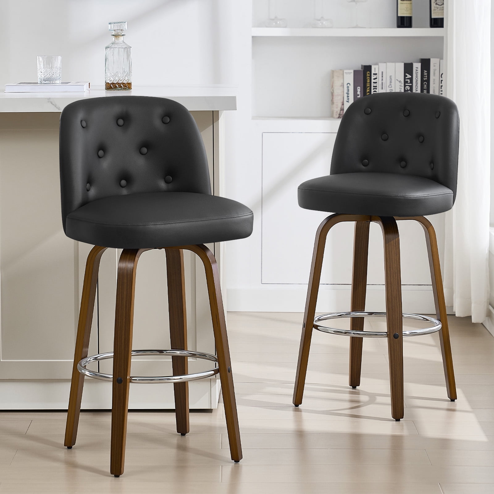 Swivel Counter Height Bar Stools, Set of 2, 29" Upholstered PU Leather ...
