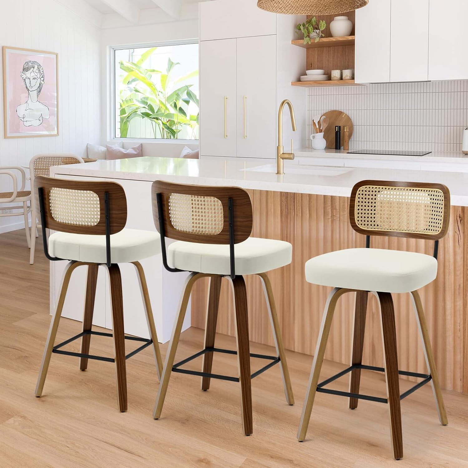 Swivel Counter Height Bar Stools Set of 3, Upholstered Faux Leather ...