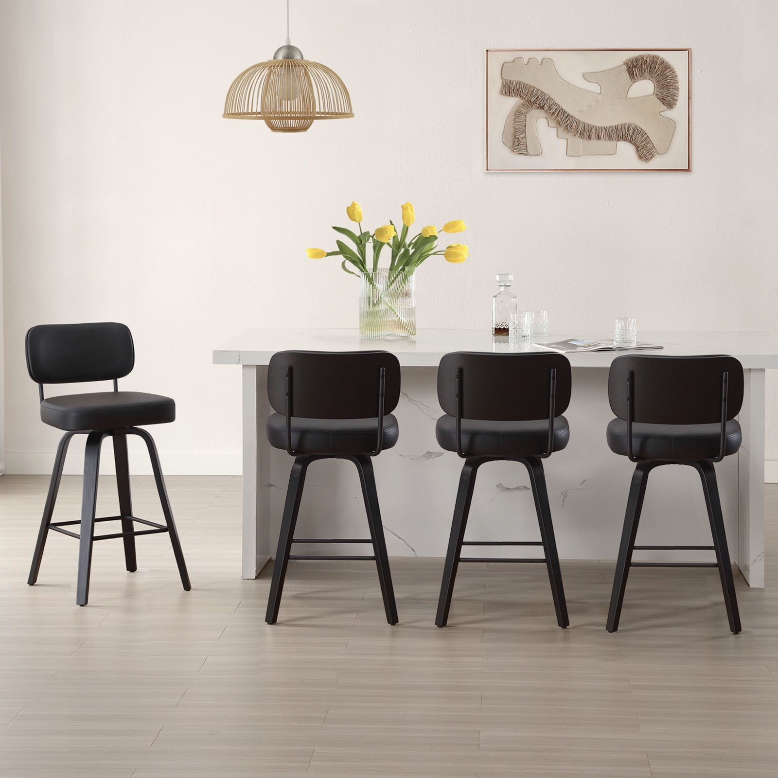 Swivel Counter Height Bar Stools, Set of 4, 26" Upholstered PU Leather Barstools with Back Wood ...