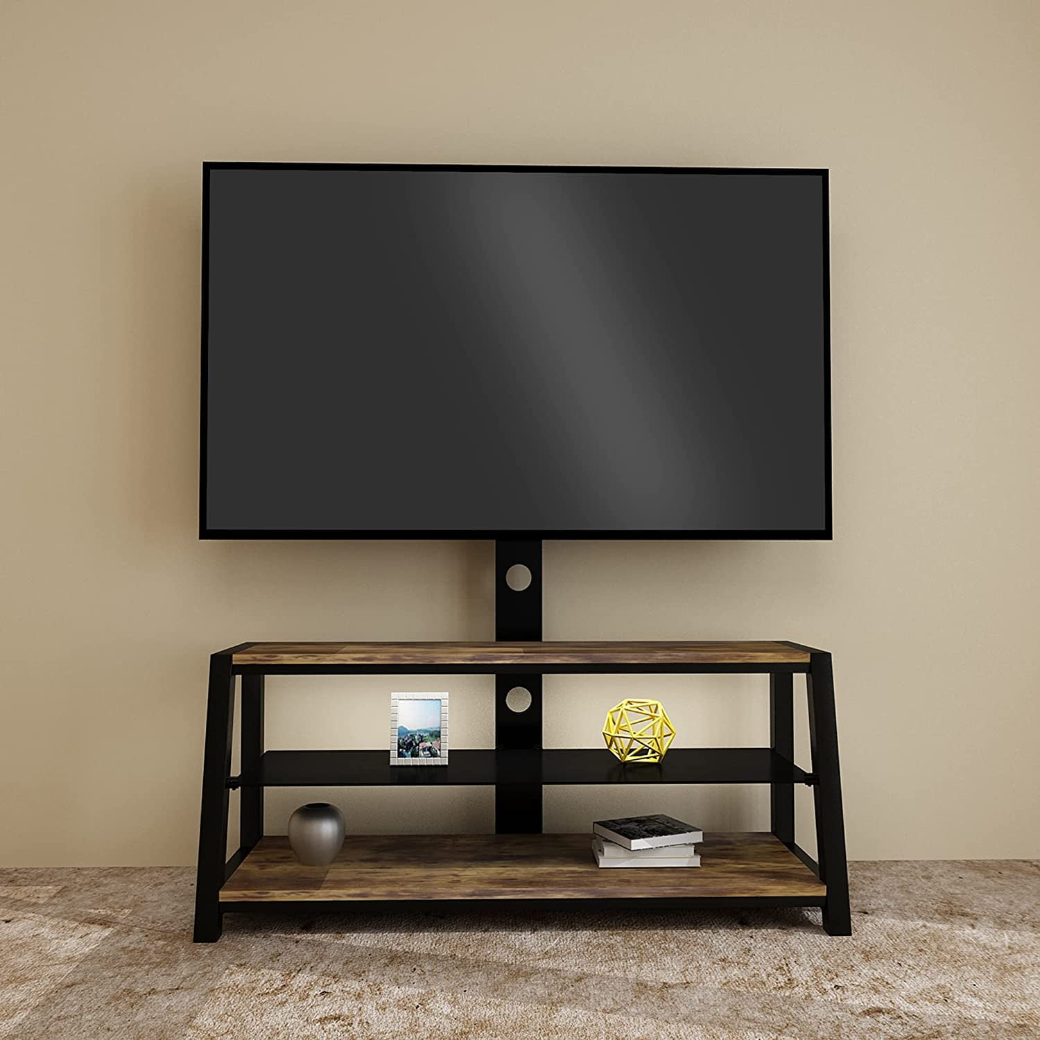 Swivel Floor TV Stand with Angle and Height Adjustable Tempered Wooden ...