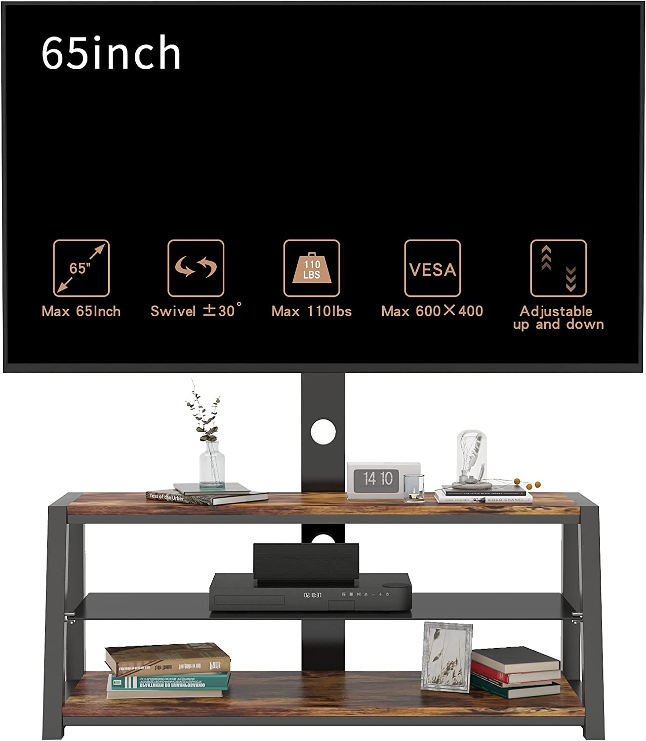 Swivel Floor TV Stand with Angle and Height Adjustable Tempered Wooden ...