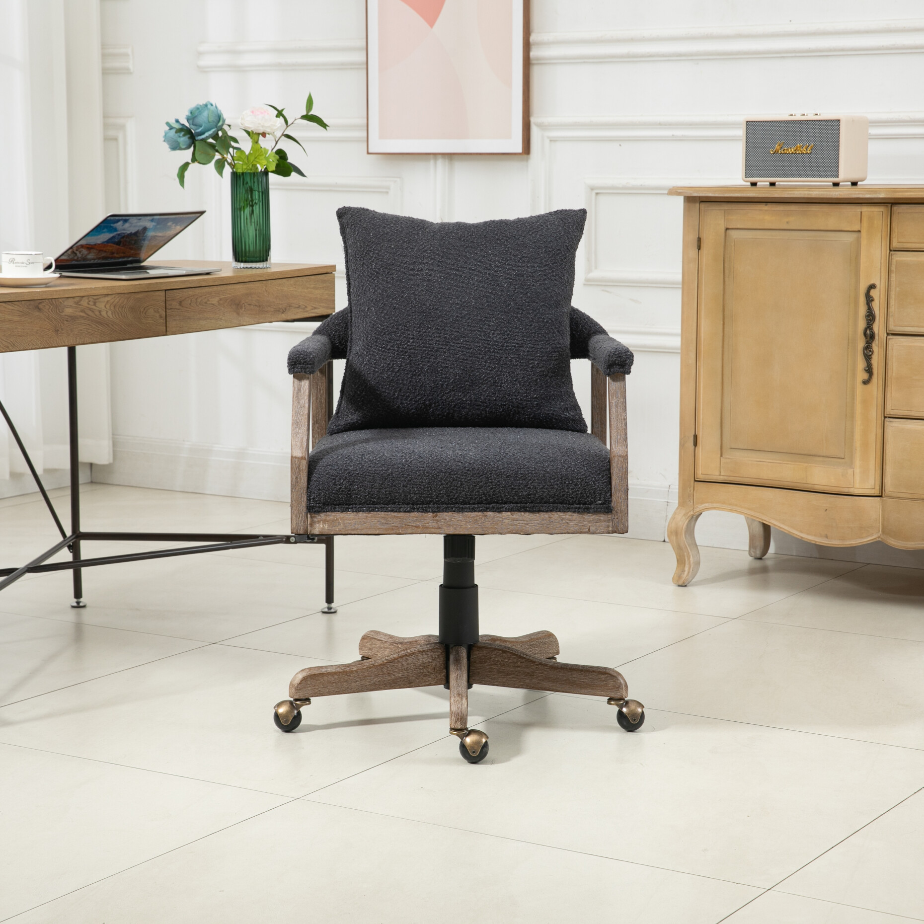 Swivel Home Office Chair, Height Adjustable Desk Chair with Wood ...