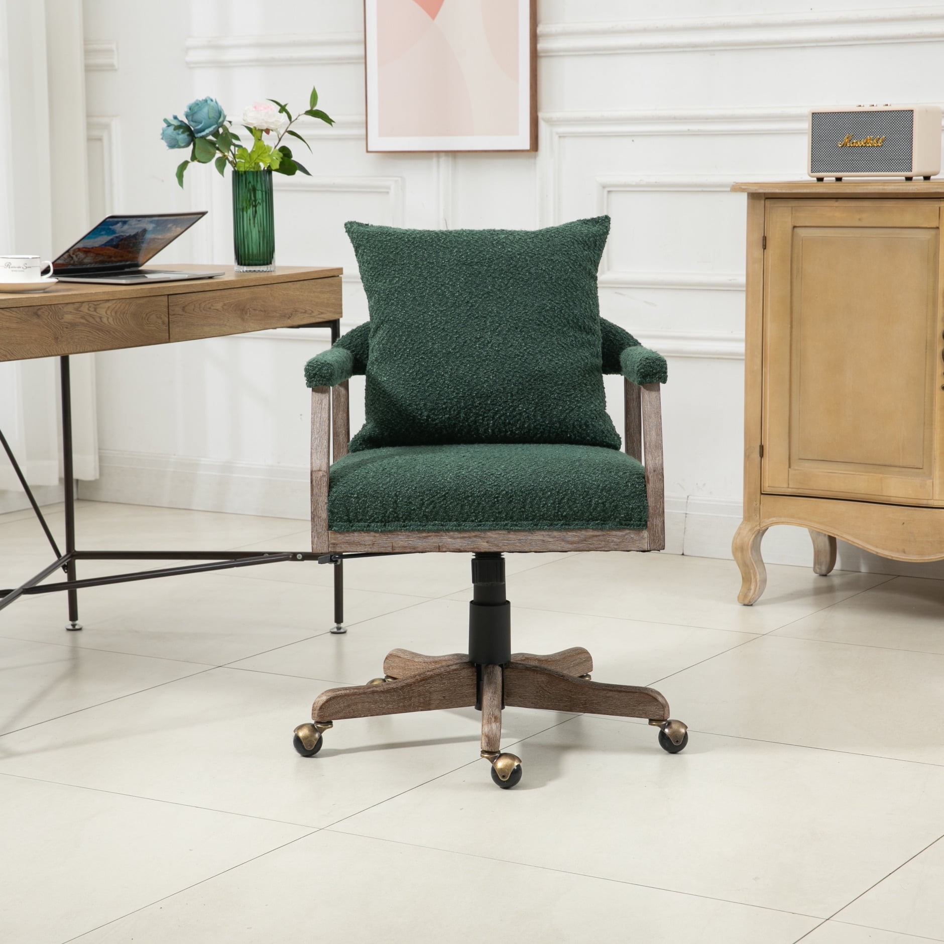 Swivel Home Office Chair, Height Adjustable Desk Chair with Wood ...