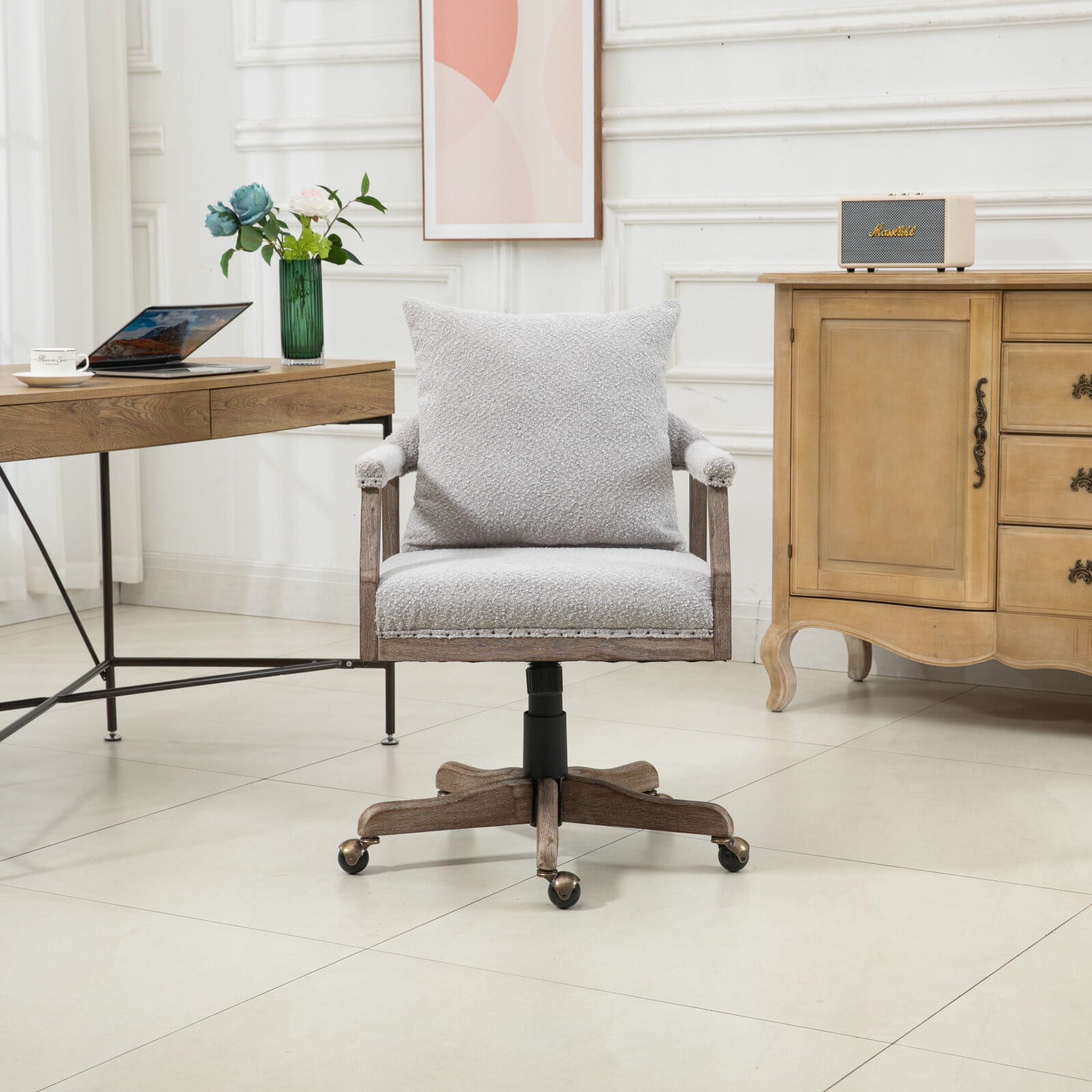 Swivel Home Office Chair, Height Adjustable Desk Chair with Wood ...