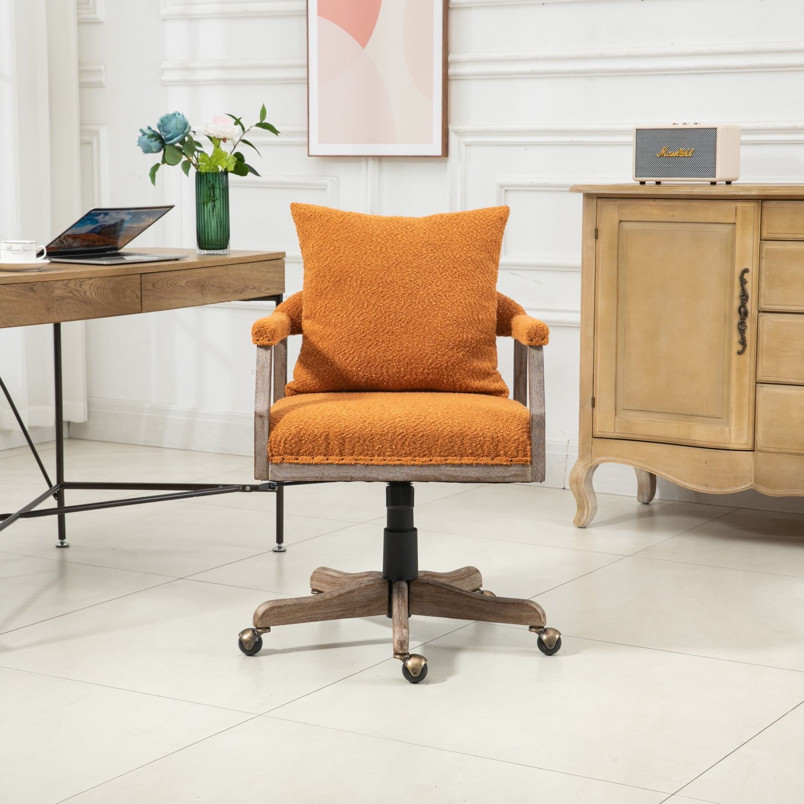 Swivel Home Office Chair, Height Adjustable Desk Chair with Wood ...