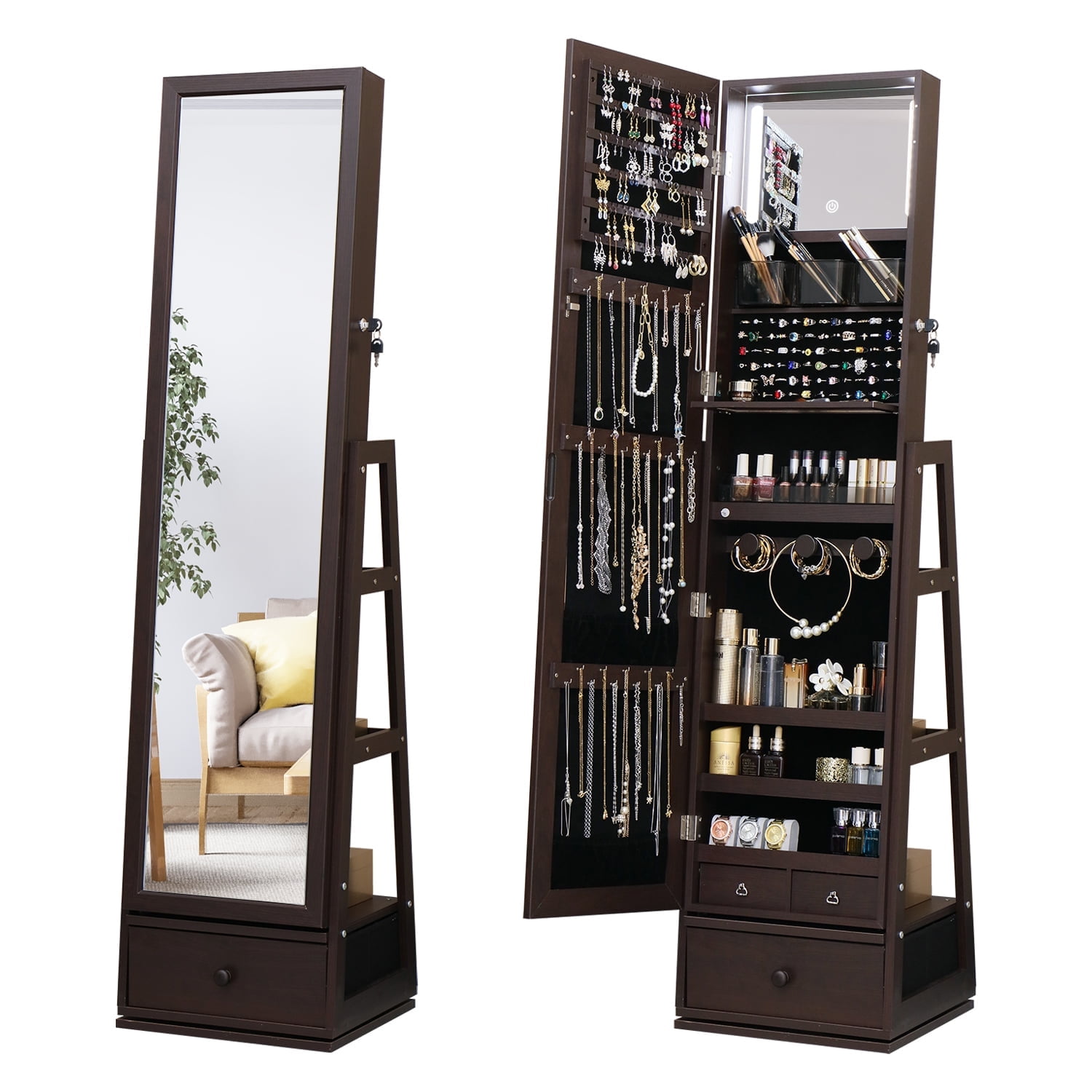 Swivel Jewelry Cabinet with Lights,Touch Screen Vanity Mirror Standing ...
