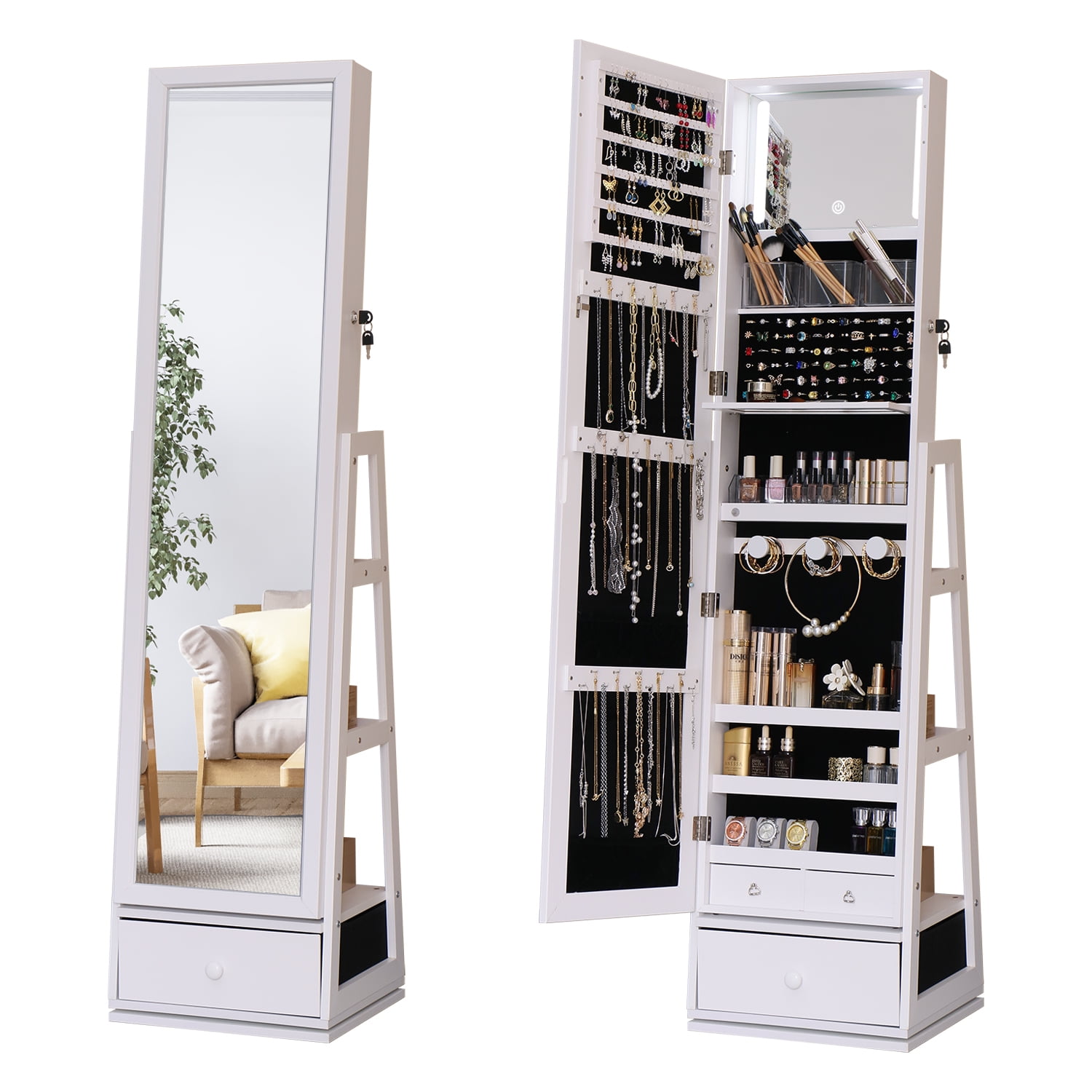 Swivel Jewelry Cabinet with Lights,Touch Screen Vanity Mirror Standing ...