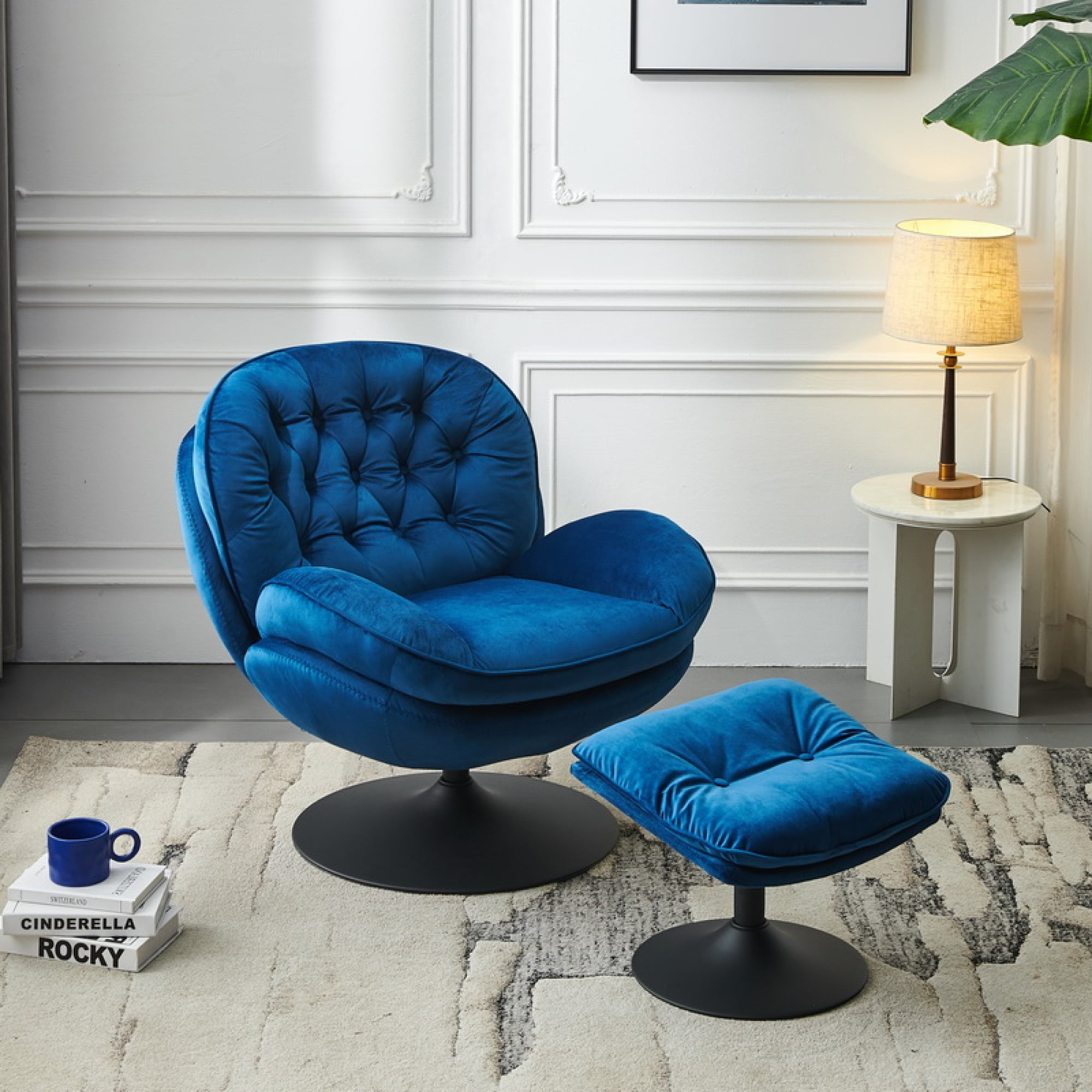 Swivel Leisure chair lounge chair velvet blue color with ottoman ...