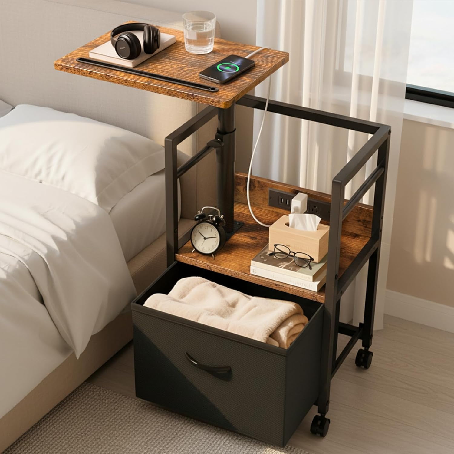 Swivel Lift Nightstand with Station, 2-Tier 360? Adjustable Bedside ...