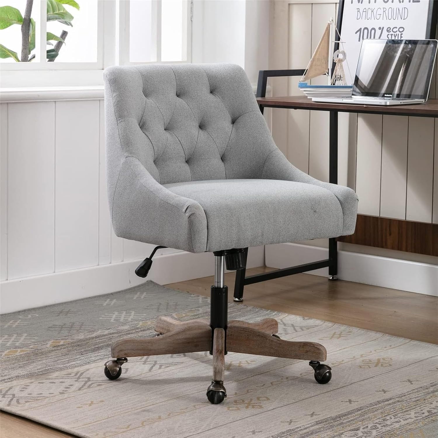 Swivel Office Chair, Modern Tufted Linen Upholstered Swivel Task Chair ...