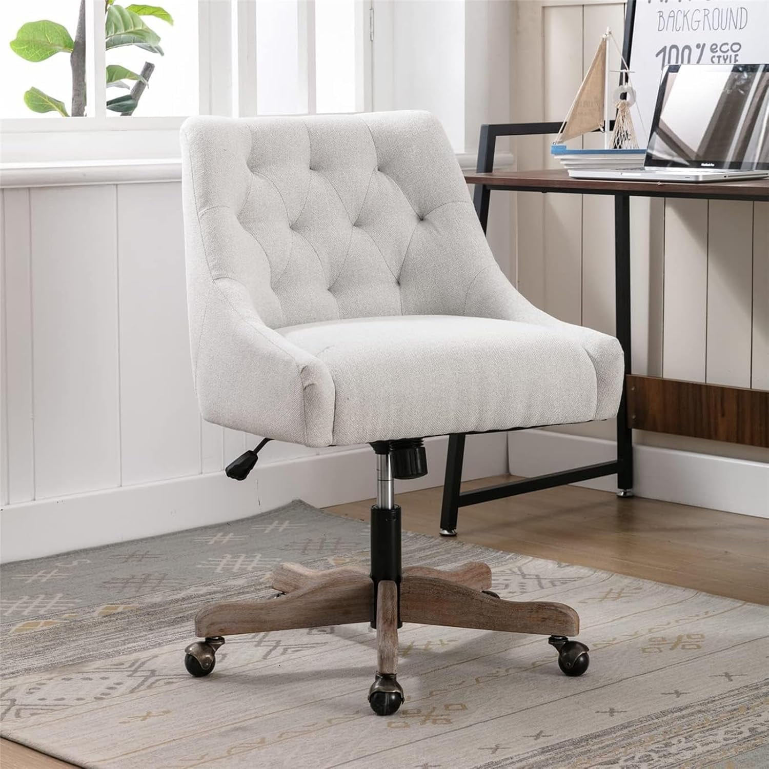 Swivel Office Chair, Modern Tufted Linen Upholstered Swivel Task Chair ...