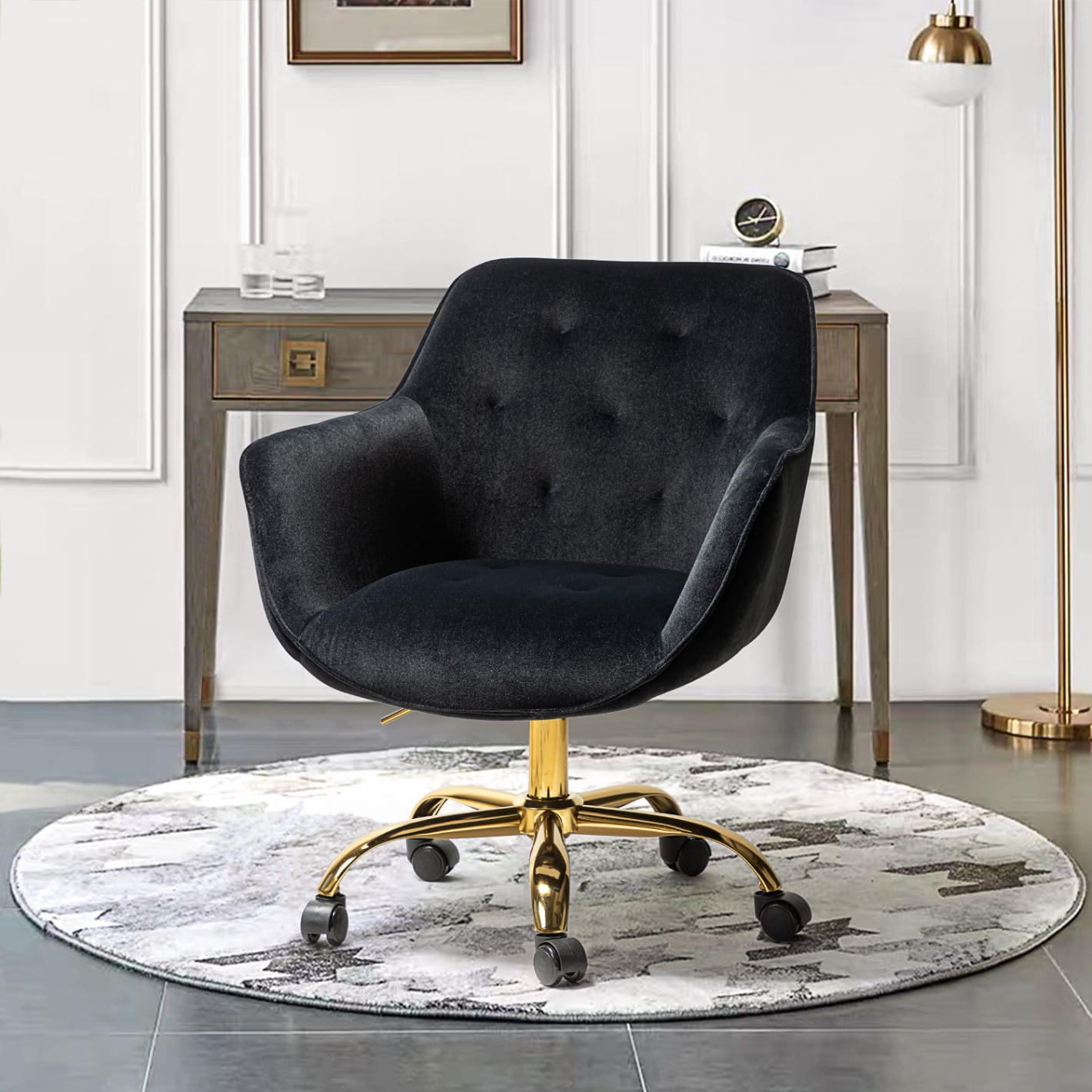 Swivel Office Chair, Task Chair With Tufted Back and Golden Base ...