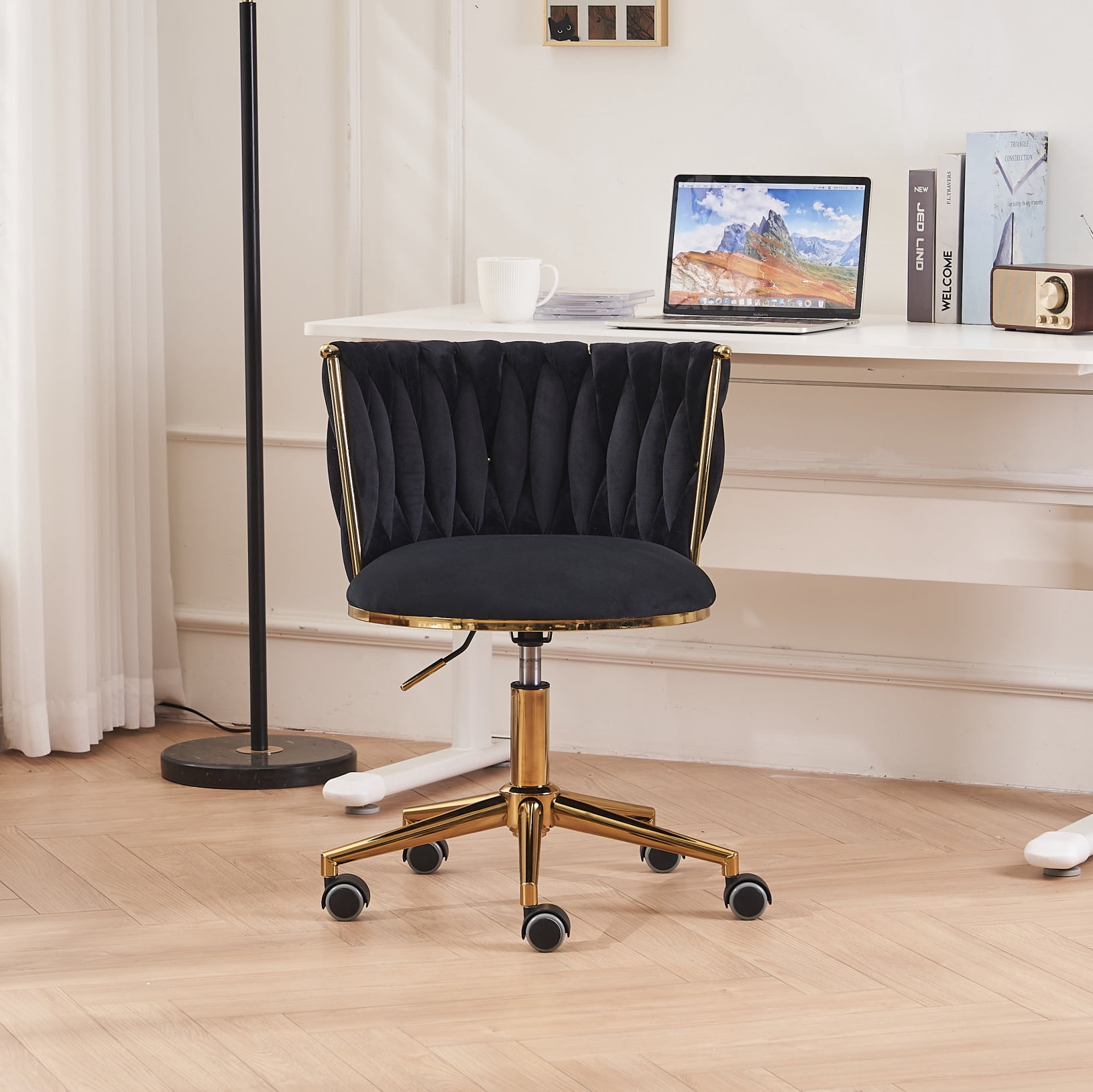Swivel Office Chair with Wheels, Velvet Upholstered Height Adjustable ...