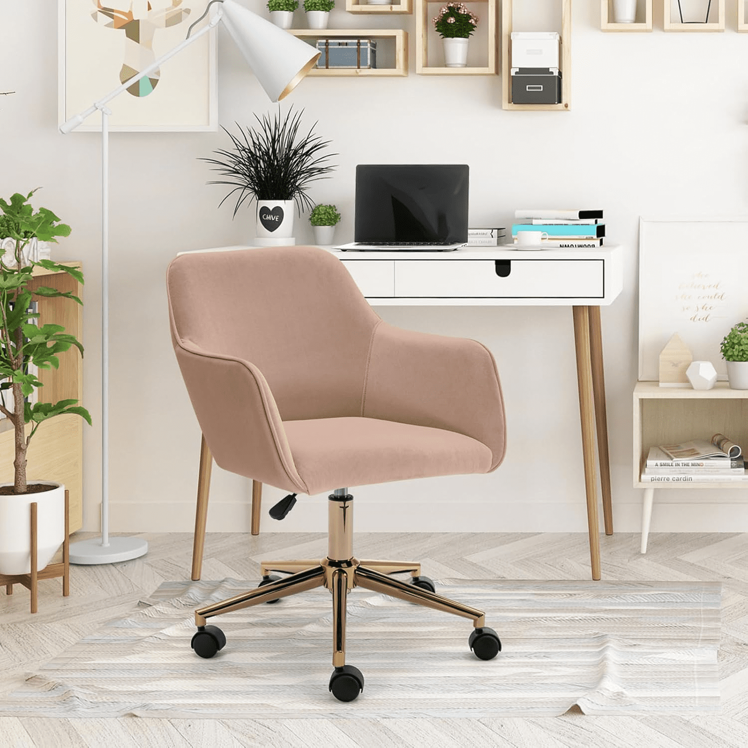 Swivel Office Desk Chair with Wheels Upholstered Velvet Desk Modern ...
