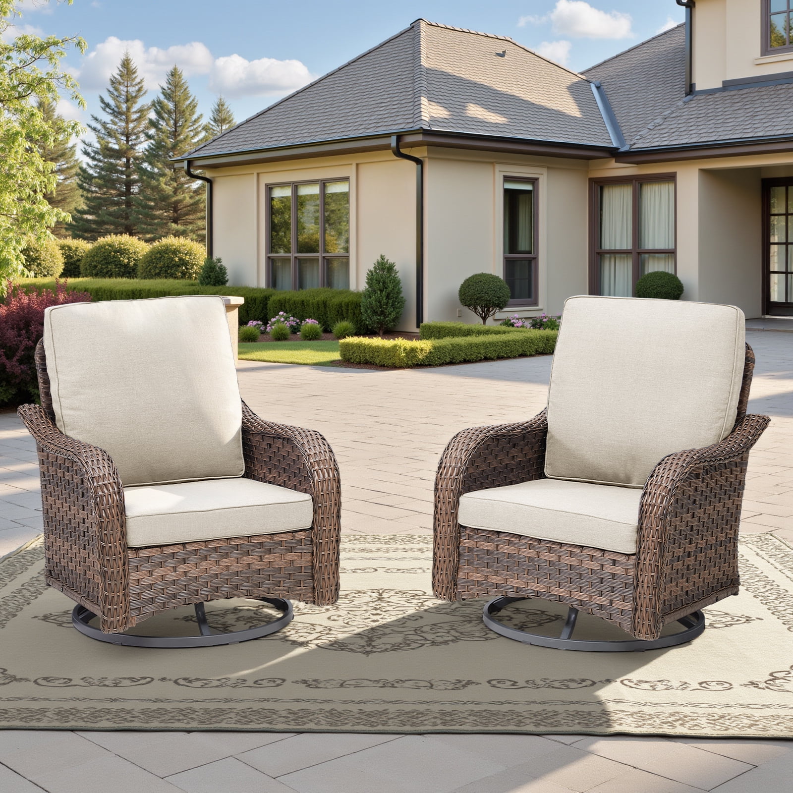 Swivel Patio Chairs Set of 2 with Thick Cushion - Wicker Outdoor Swivel ...