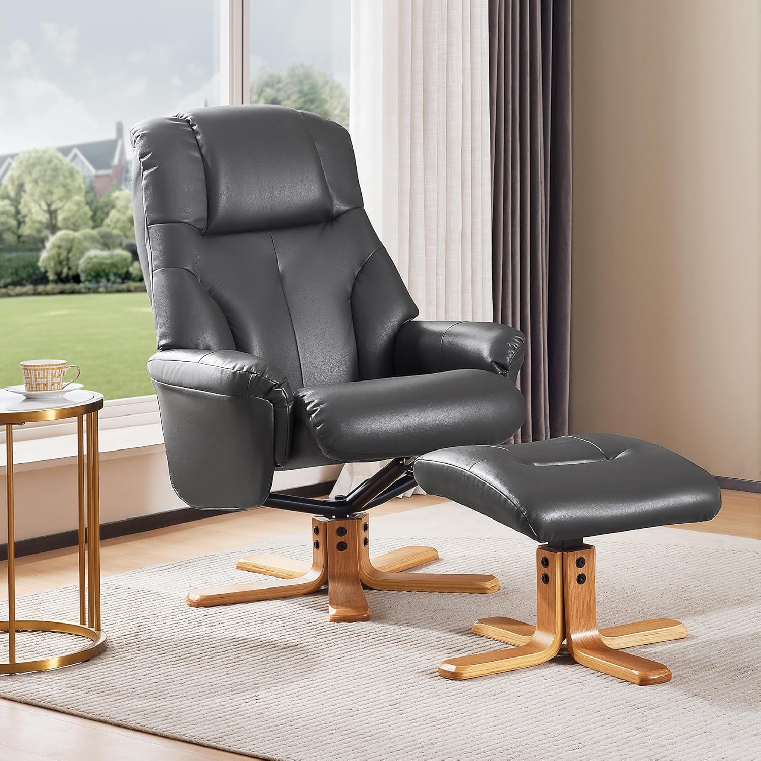Swivel Recliner Chair with Ottoman, Stylish Faux Leather Reclining ...
