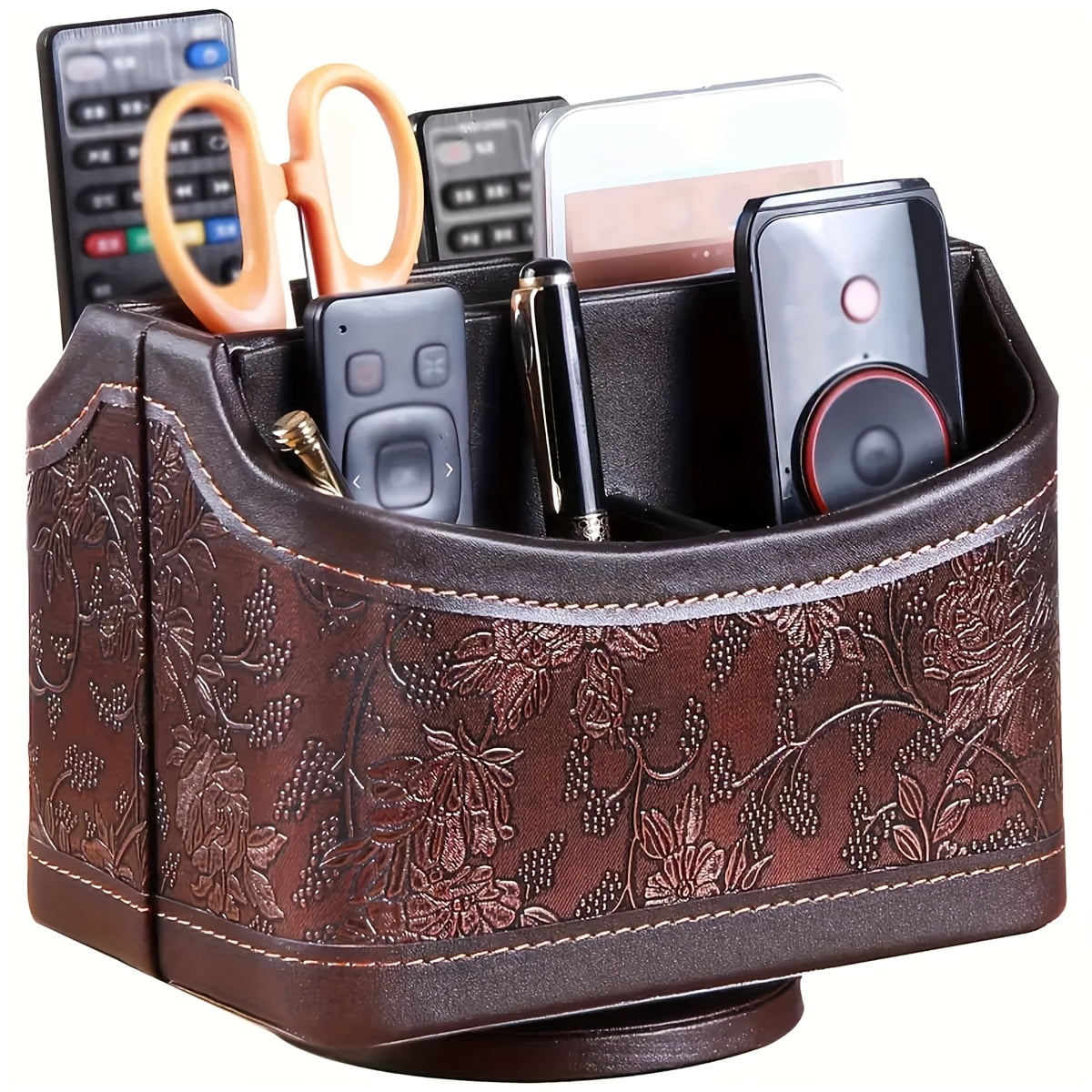 Swivel Remote Control Holder with 5 Compartments, PU Leather Versatile ...