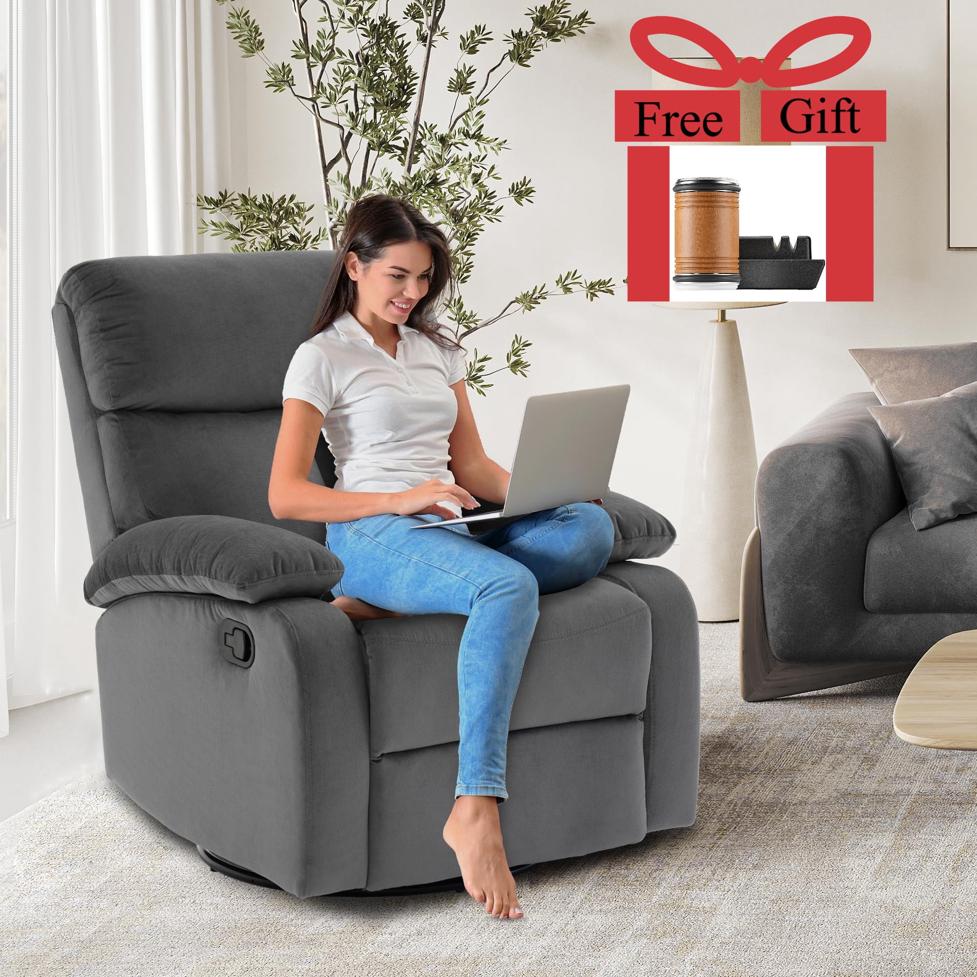 Swivel Rocker Recliner Chair, 360° Micro Velboa Ergonomic Manual Small ...