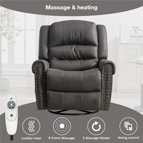 Swivel Rocker Recliner Chair with Heat and Vibration Massage Oversized ...
