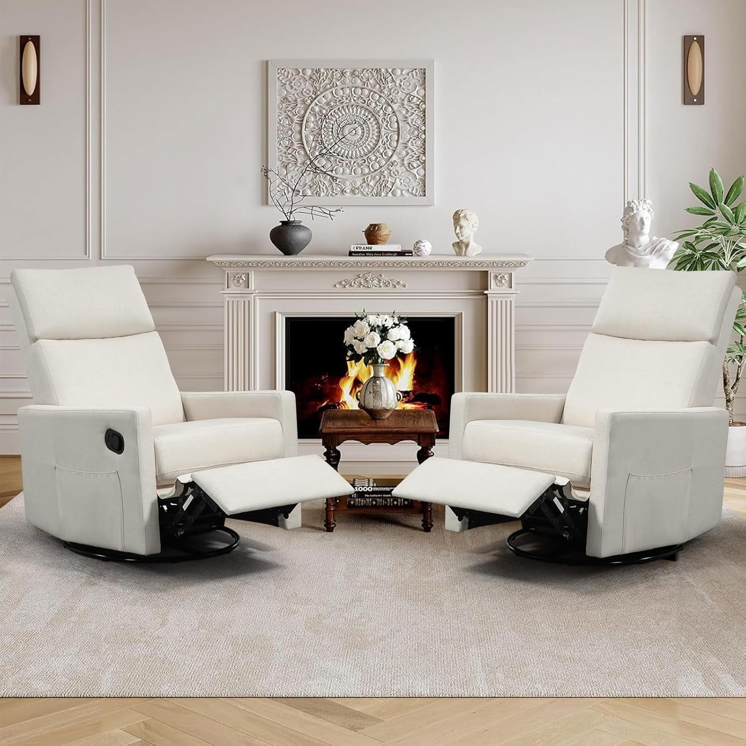 Swivel Rocker Recliner Chairs Set of 2, Upholstered Fabric Nursery ...